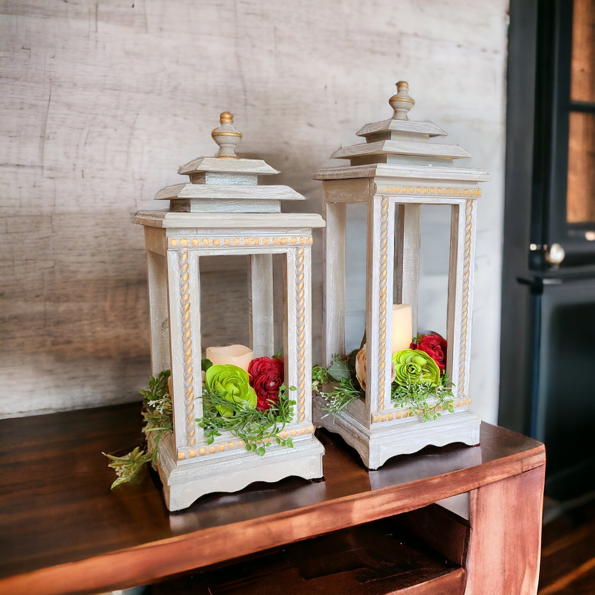 Vintage Farmhouse Style Wooden Lantern, Rustic Candle Lantern, set of 2 ...