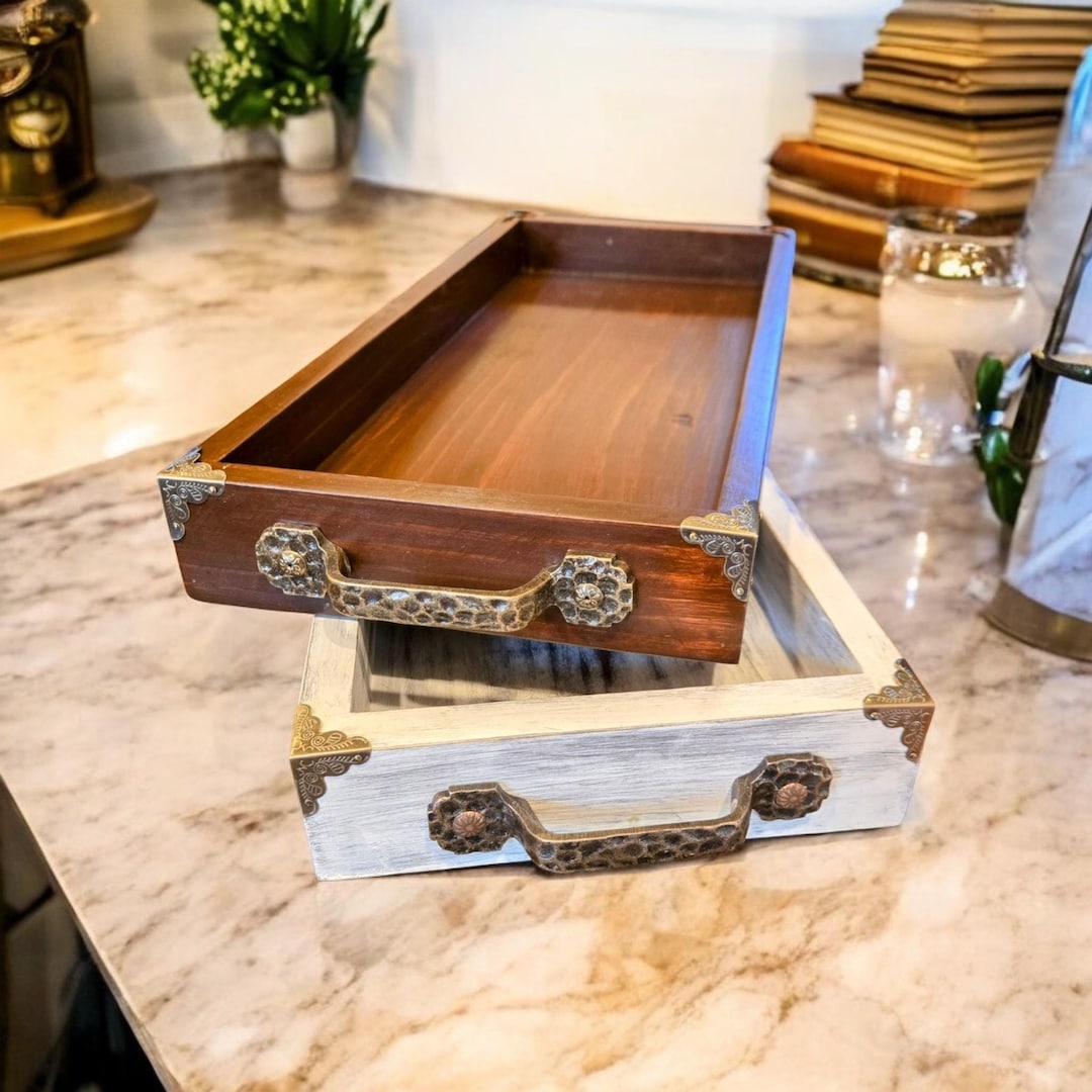 Set of 2 ~ Rustic Farmhouse Style Long Wood Tray With Handles for Table ...