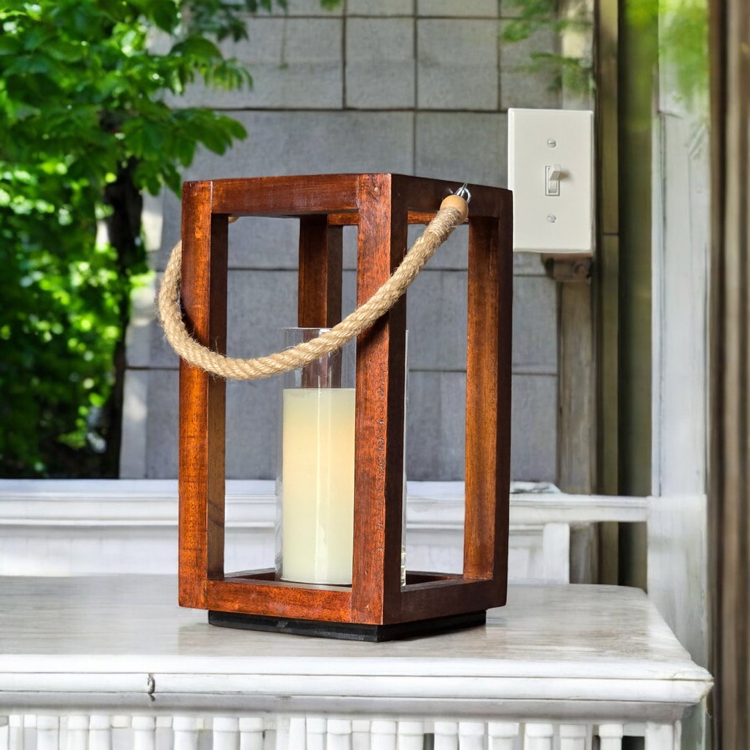 Modern Cherry Wood Lantern/candleholder, Lantern With Jute Rope Handle ...