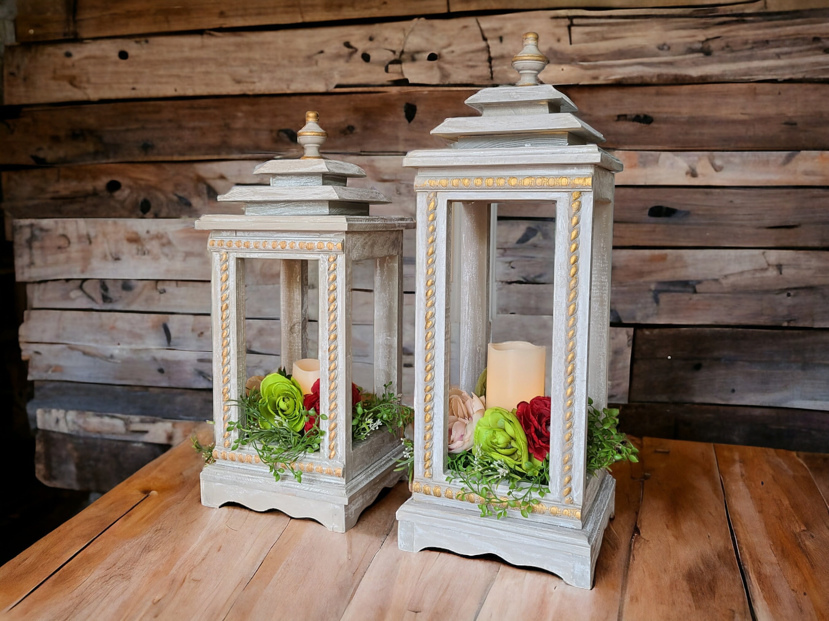 Vintage Farmhouse Style Wooden Lantern, Rustic Candle Lantern, set of 2 ...
