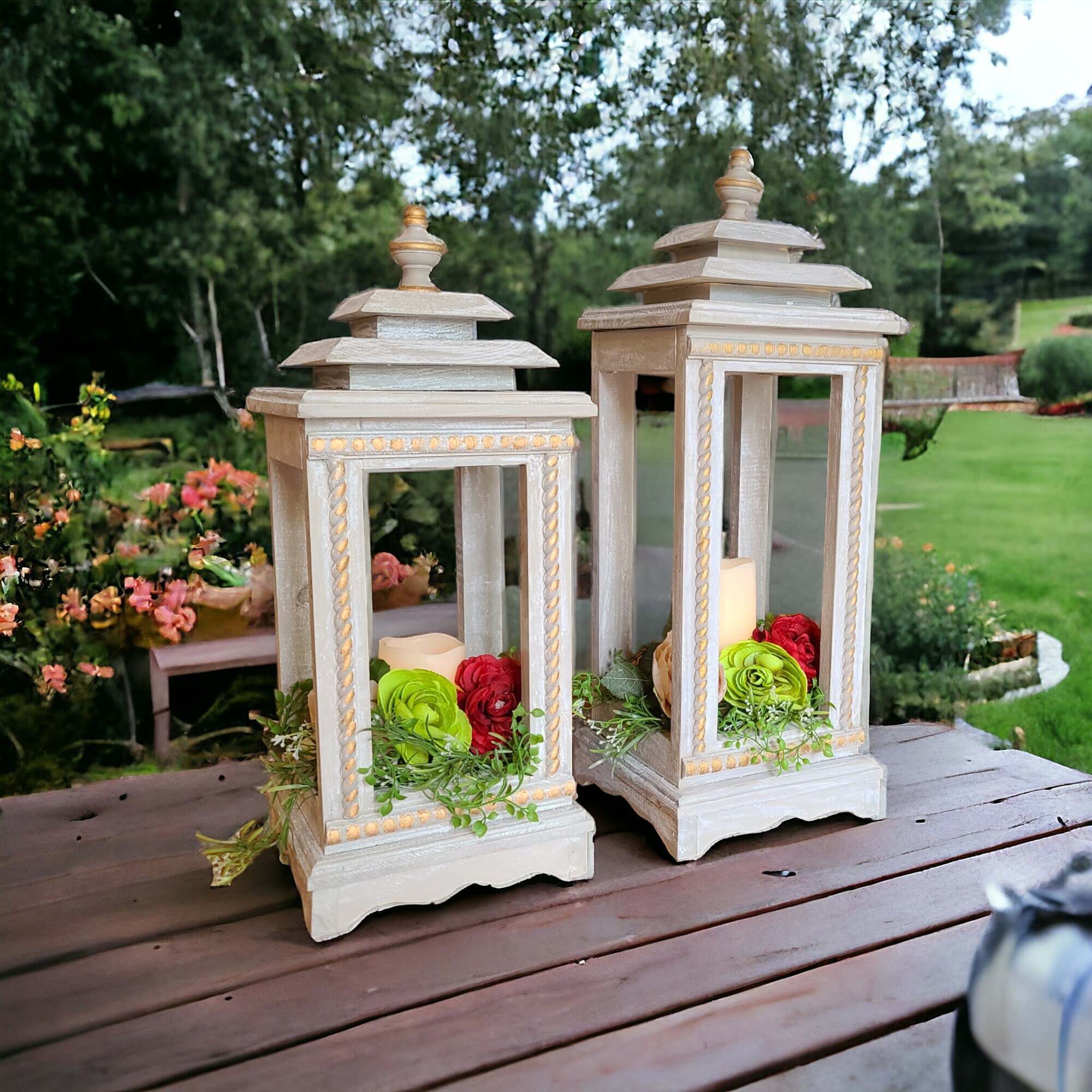 Vintage Farmhouse Style Wooden Lantern, Rustic Candle Lantern, set of 2 ...