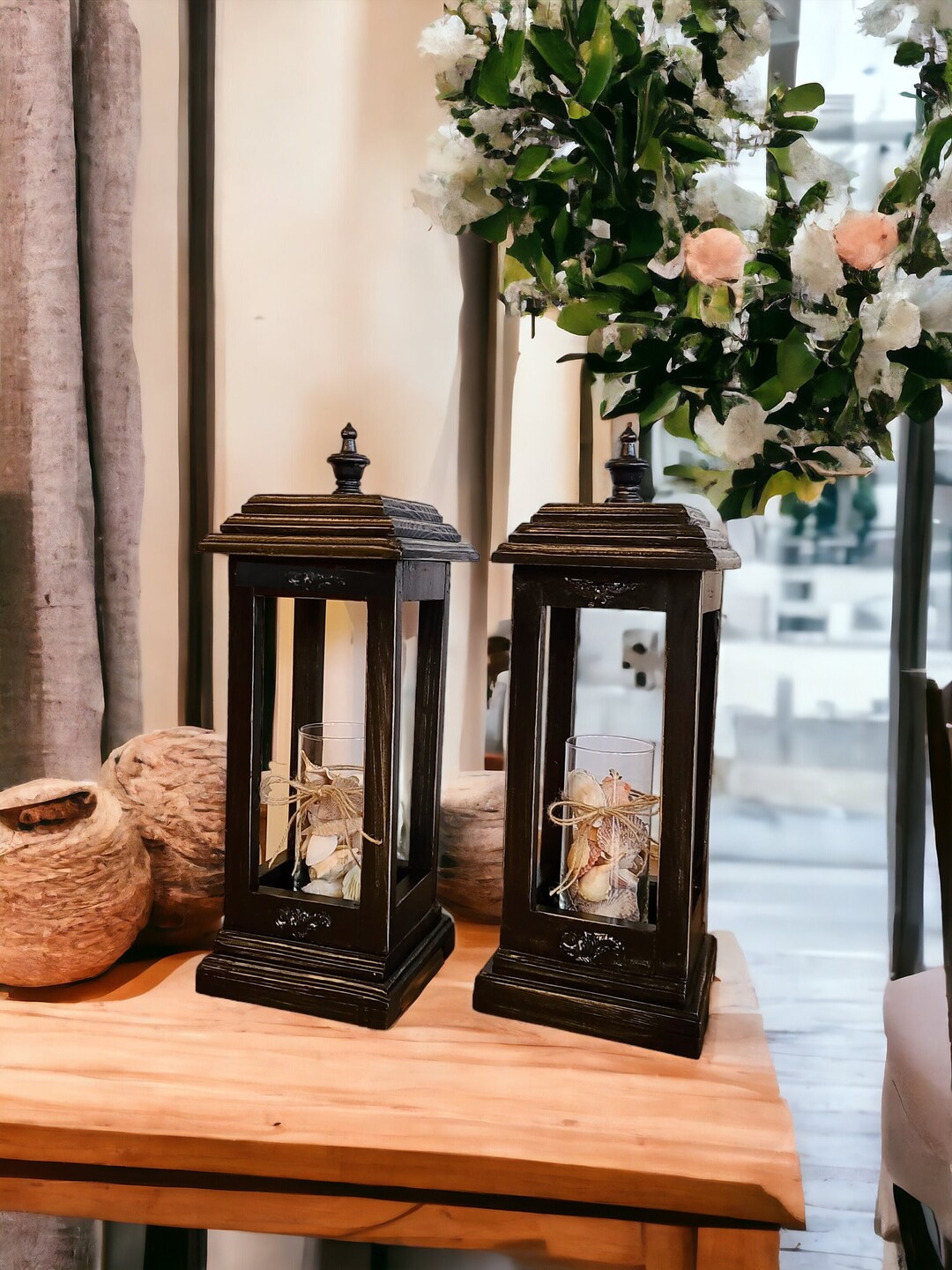 Set of 2 ~ Rustic Farmhouse Style Distressed Wooden Lantern, Floor ...