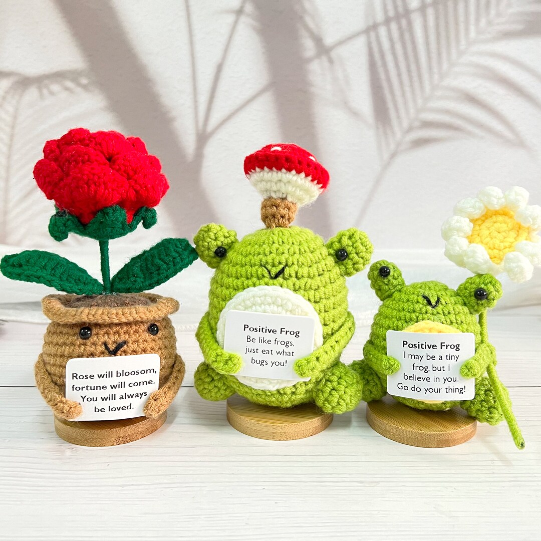 Handmade Crochet Positive Frog and Rose Plant-crochet Rose-positive ...
