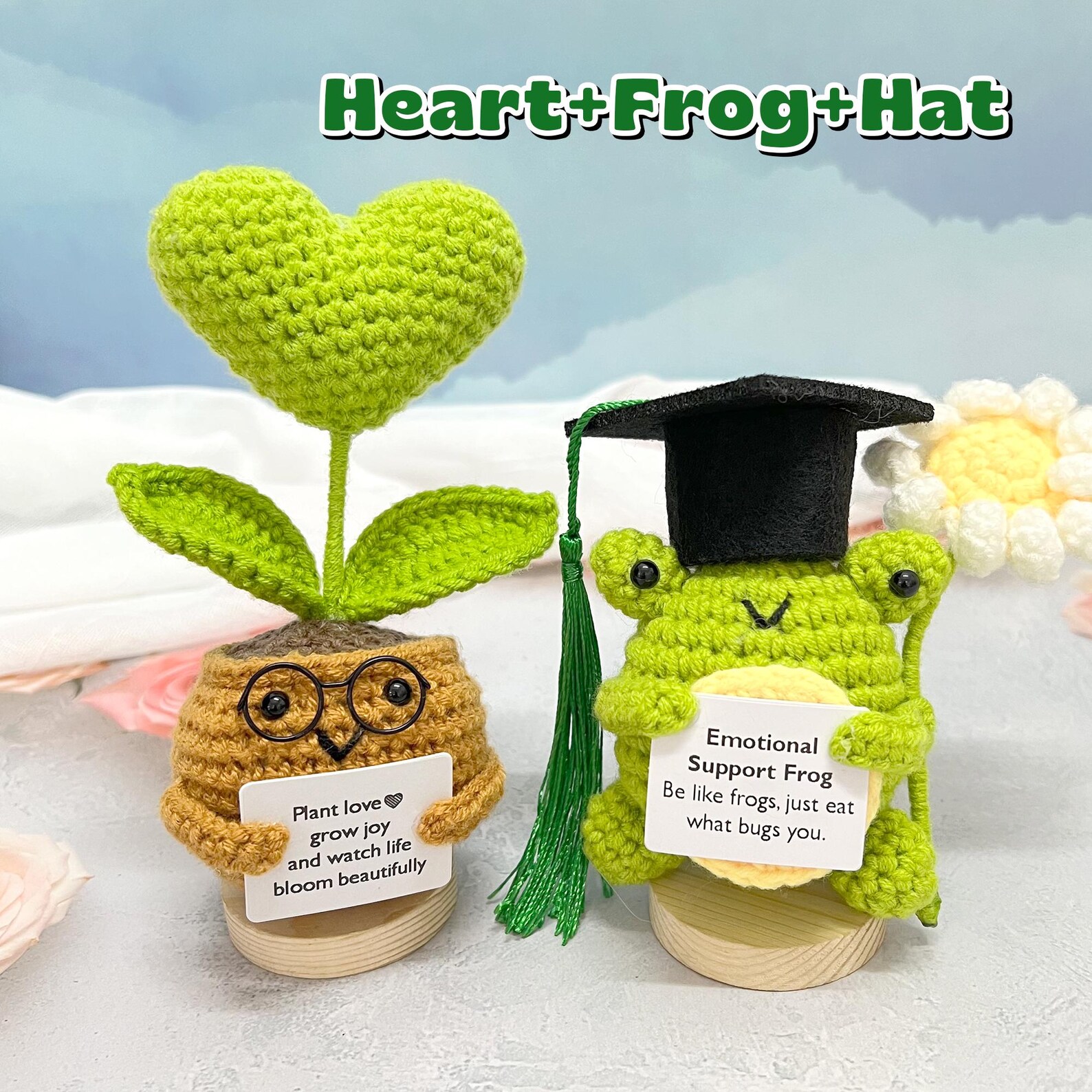 Handmade Crochet Frog Wearing Graduation Hat, Crochet Heart Plant ...