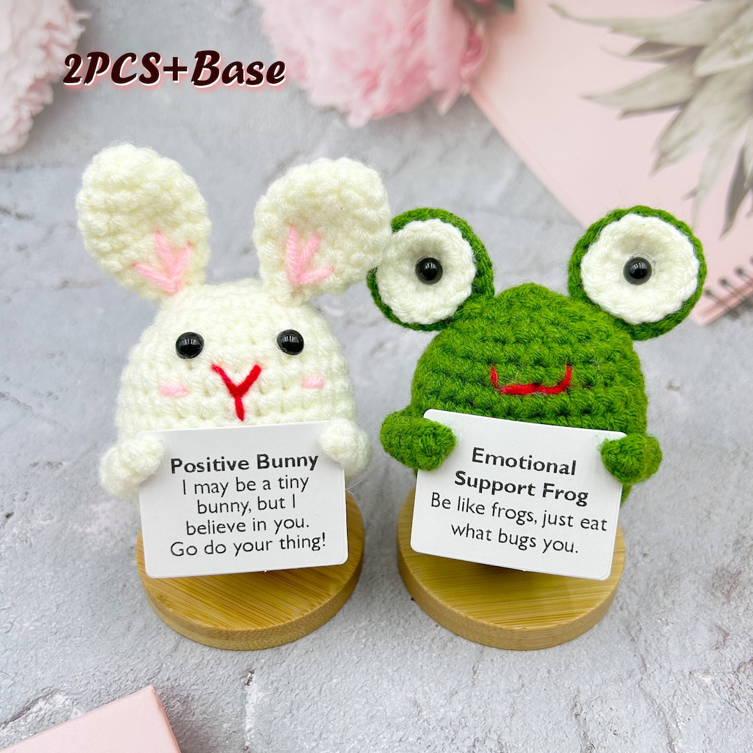 Handmade Crochet Bunny and Frog, Positive Bunny, Emotional Support Frog ...