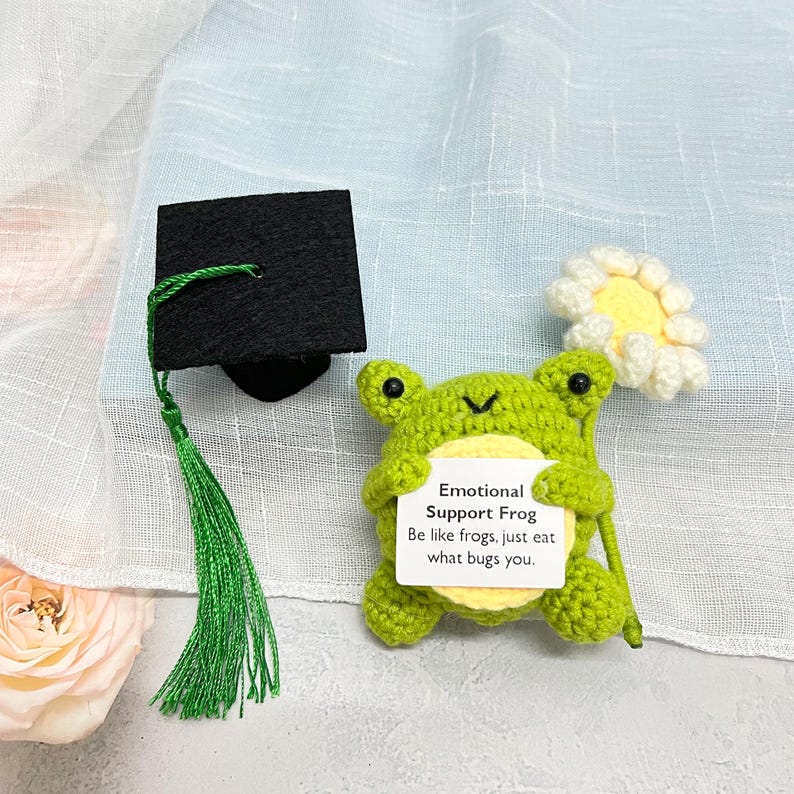 Handmade Crochet Frog Wearing Graduation Hat, Crochet Heart Plant ...