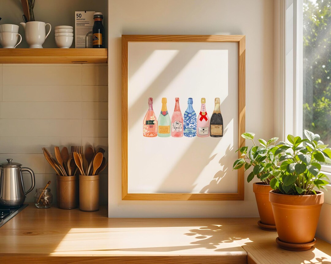 Printable Champagne Bottle Art | Colorful Bar Cart Wall Decor Digital ...