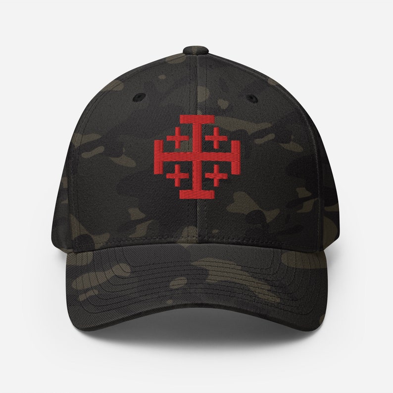 Armor of God Flexfit Hat, Red Jerusalem Cross, Christian, Catholic ...