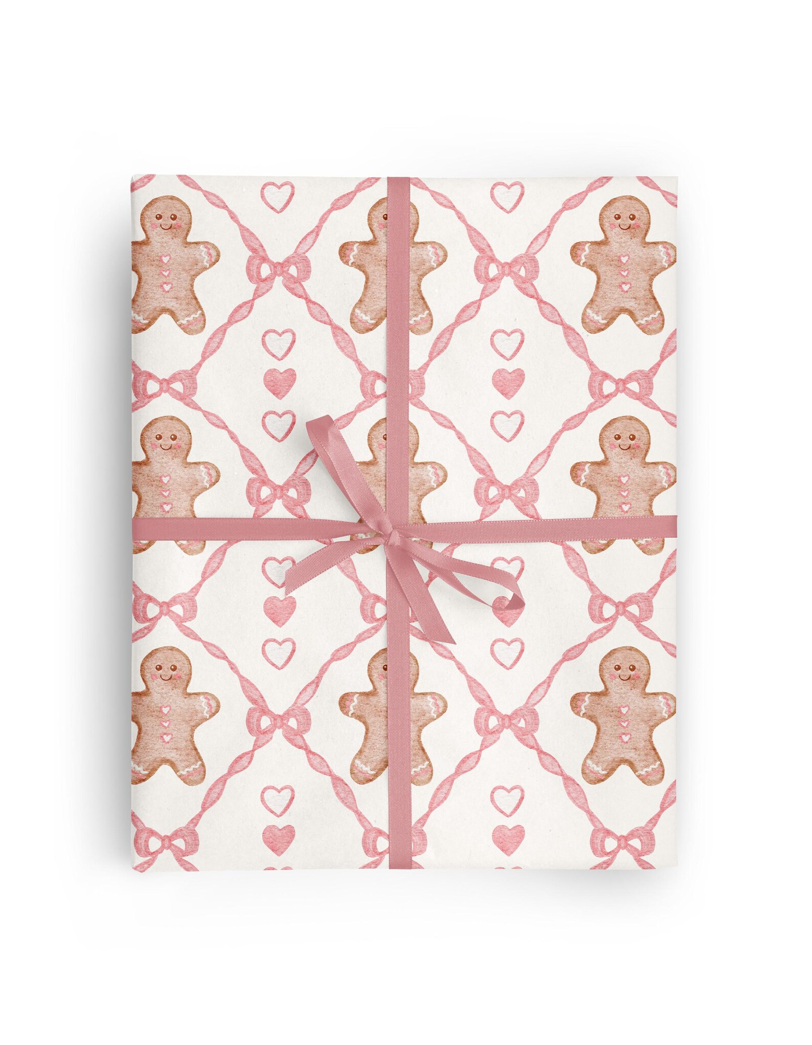 Gingerbread and Pink Bow Christmas Watercolor Wrapping Paper, Gift Wrap ...