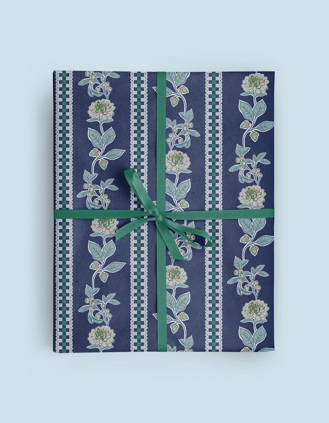 Floral Gingham Wrapping Paper: Dark Blue Botanical Gift Wrap - Etsy