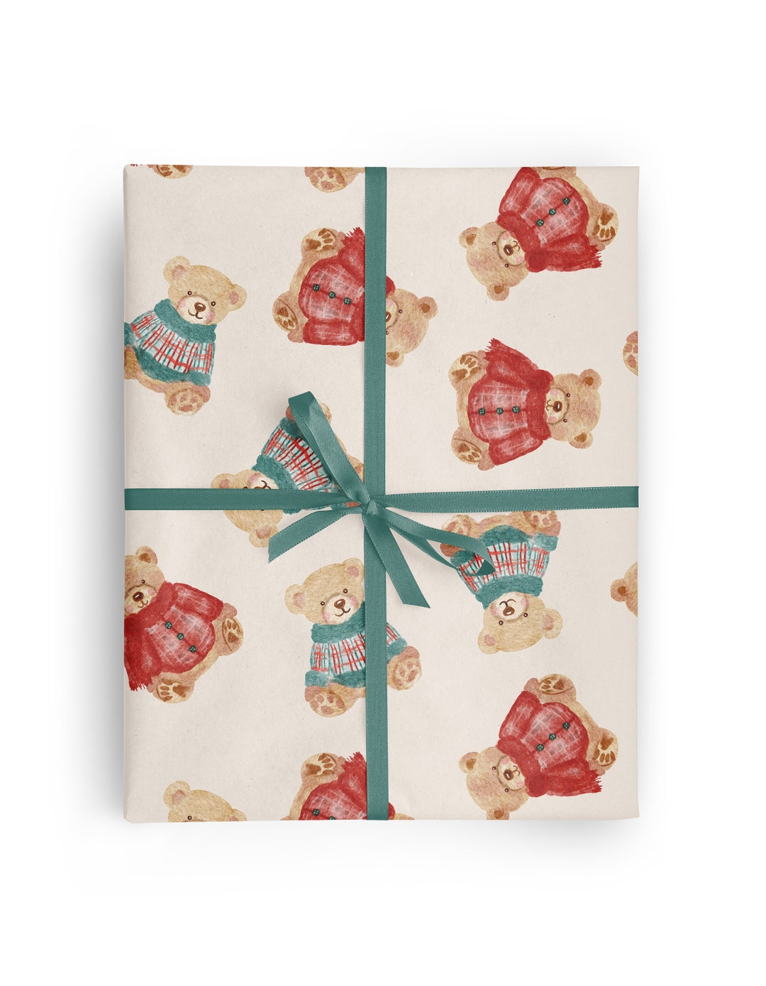 Watercolor Christmas Teddy Bear Wrapping Paper: Plaid Sweaters - Etsy
