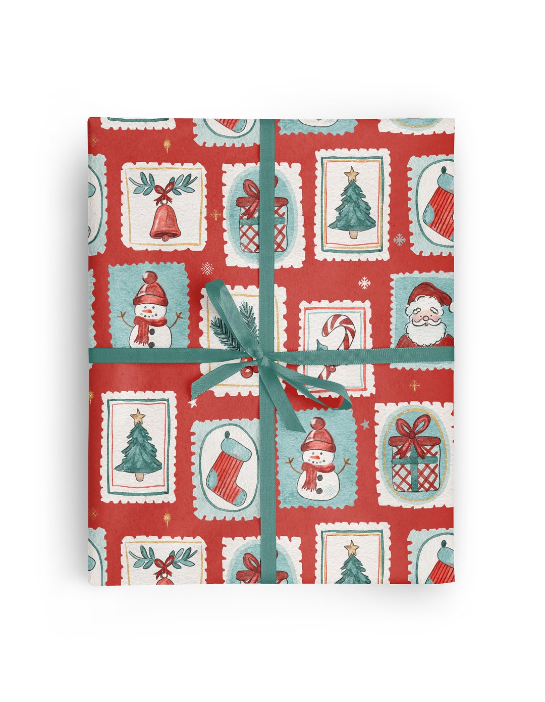 Red Christmas Stamps Wrapping Paper: Festive Holiday Design - Etsy