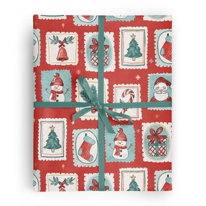 Red Christmas Stamps Wrapping Paper: Festive Holiday Design - Etsy