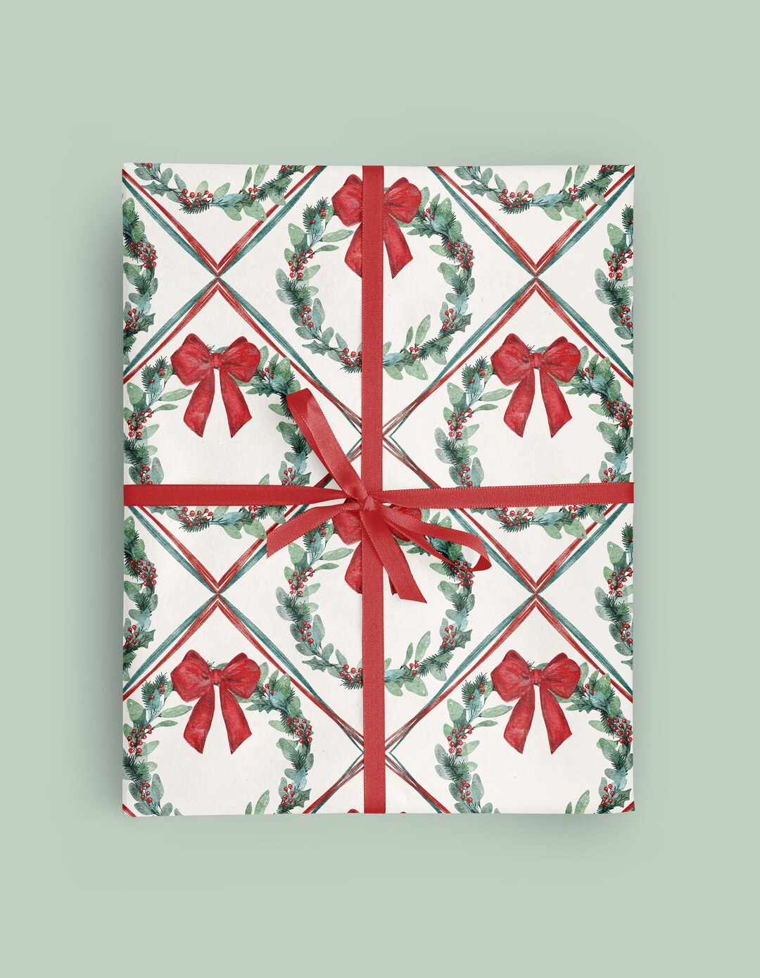 Red and Green Watercolor Christmas Bow Wreath Wrapping Paper, Christmas ...