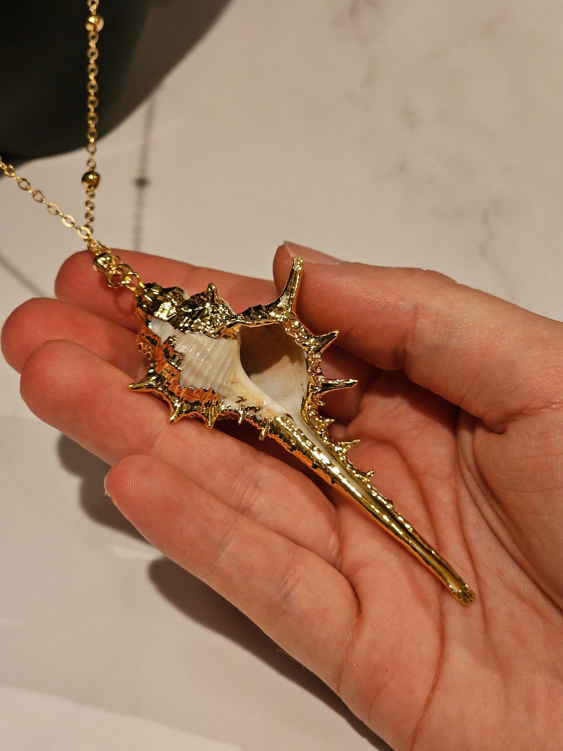 Natural Seashell Necklace | Murex Spiky Shell Necklace | Gold Accent ...