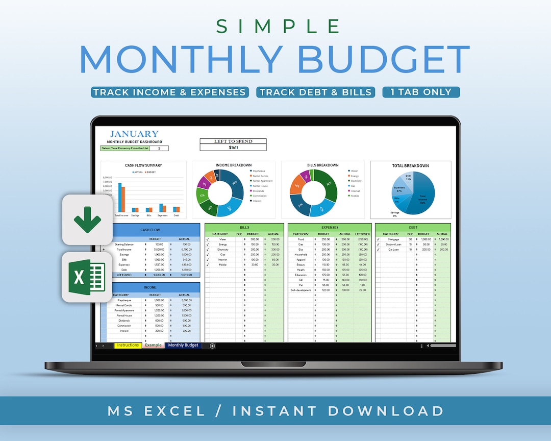 Excel Budget Planner: Simple Monthly Budget Spreadsheet (digital ...