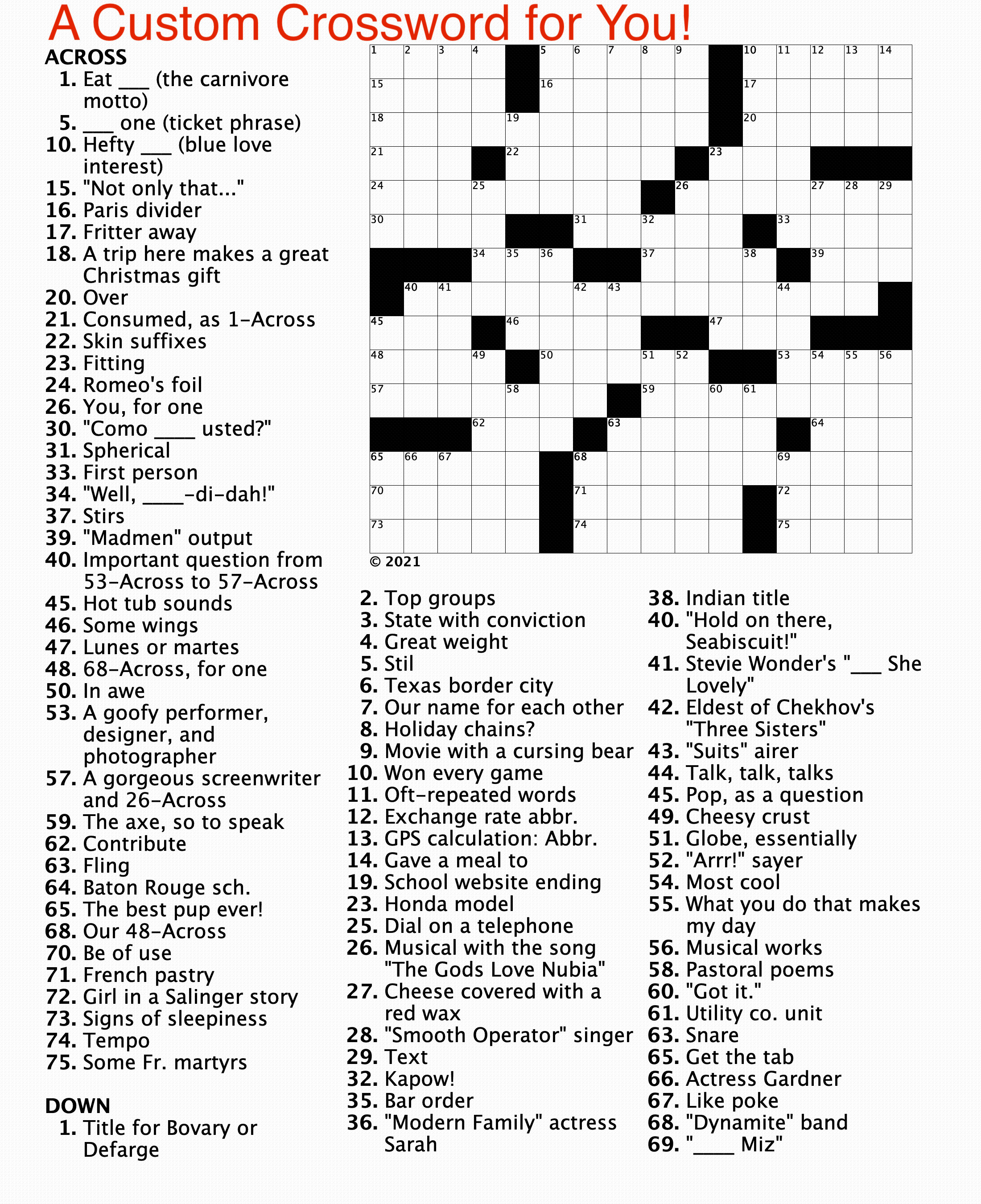 Custom Crossword Puzzle by New York Times Constructor for Birthday ...