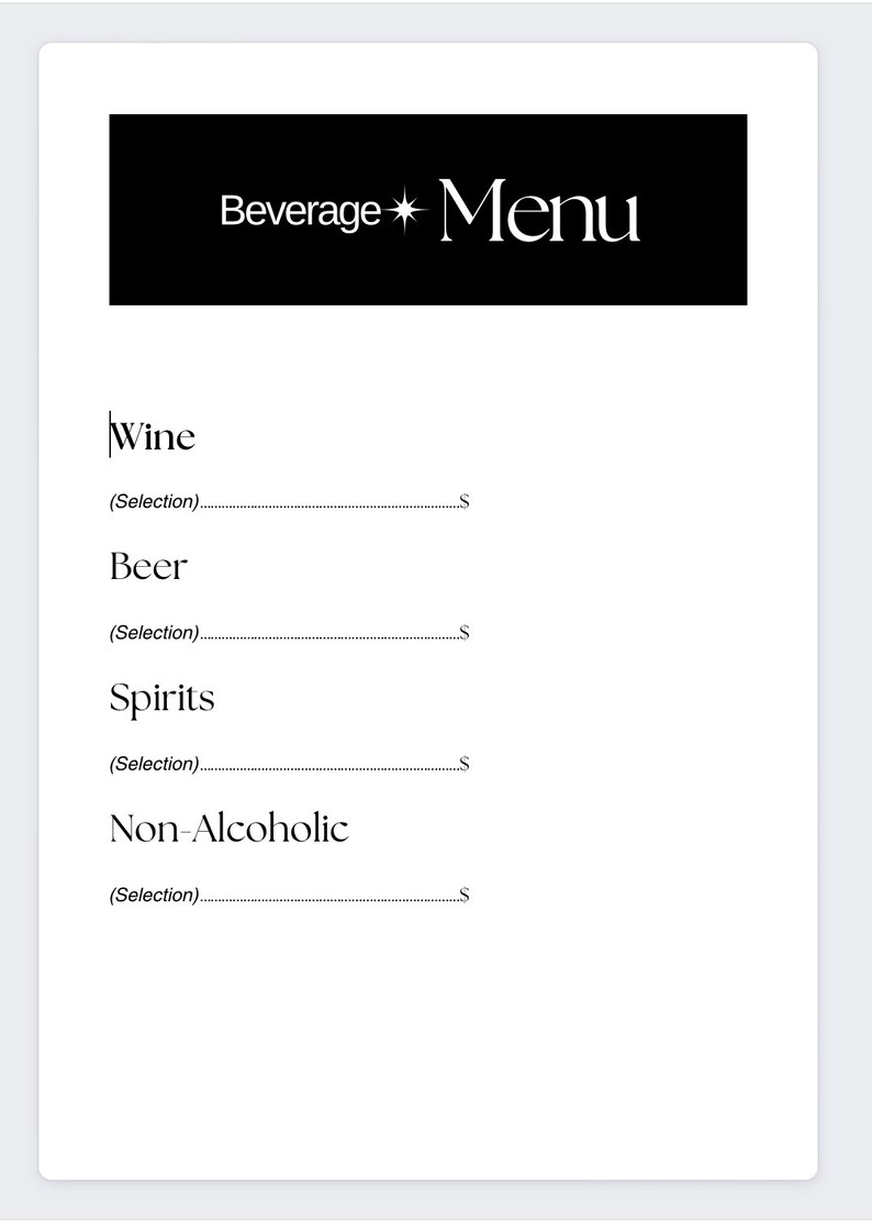 Editable Beverage Menu Template-instant Download - Etsy