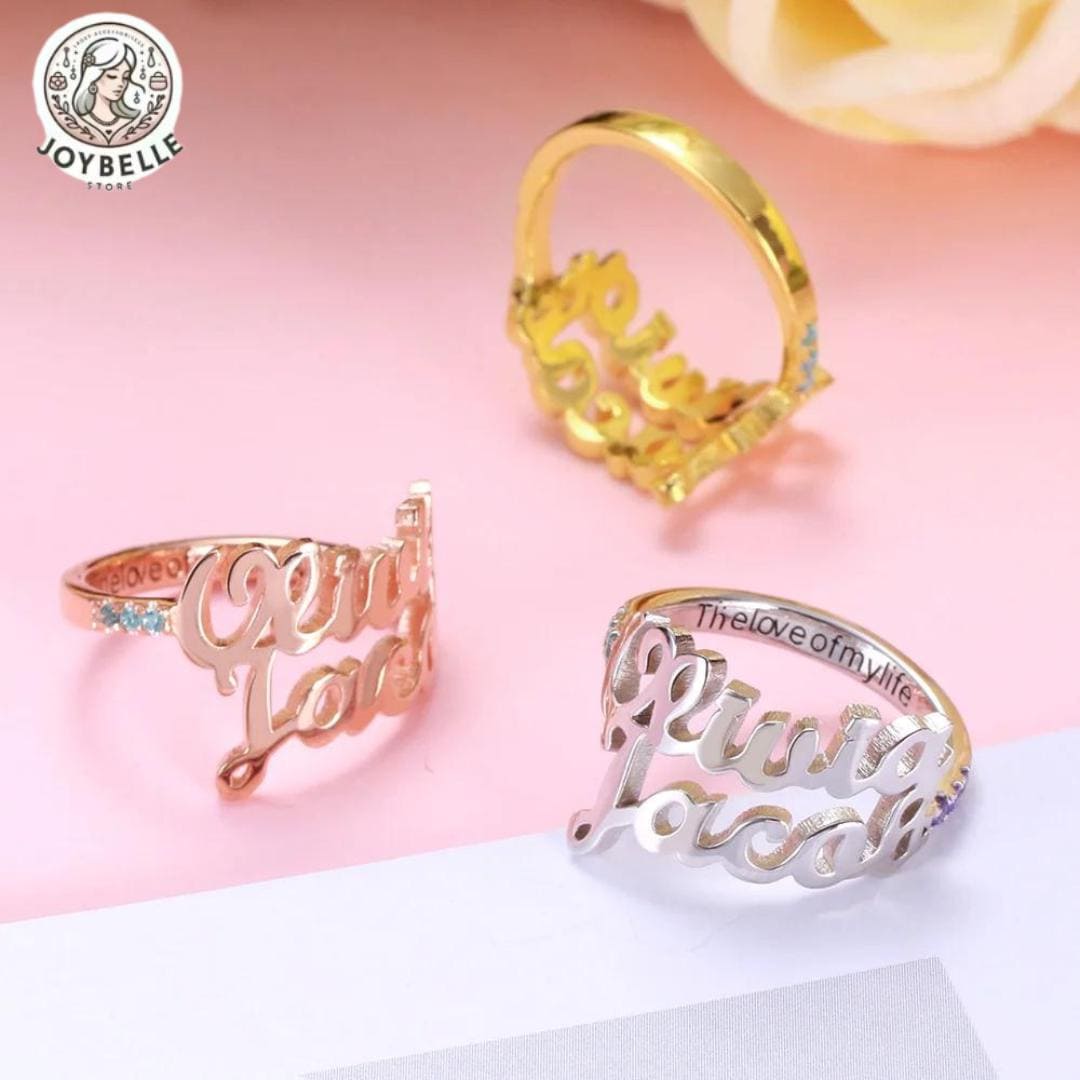 Personalized Two Names Birthstone Ring, Sterling Silver 925, Custom ...