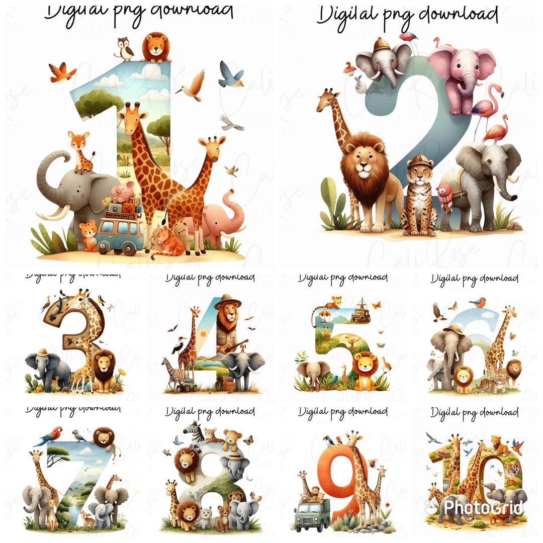 Cute Safari Animal Numbers 1-10 Png Digital Downloads Png Sublimation ...