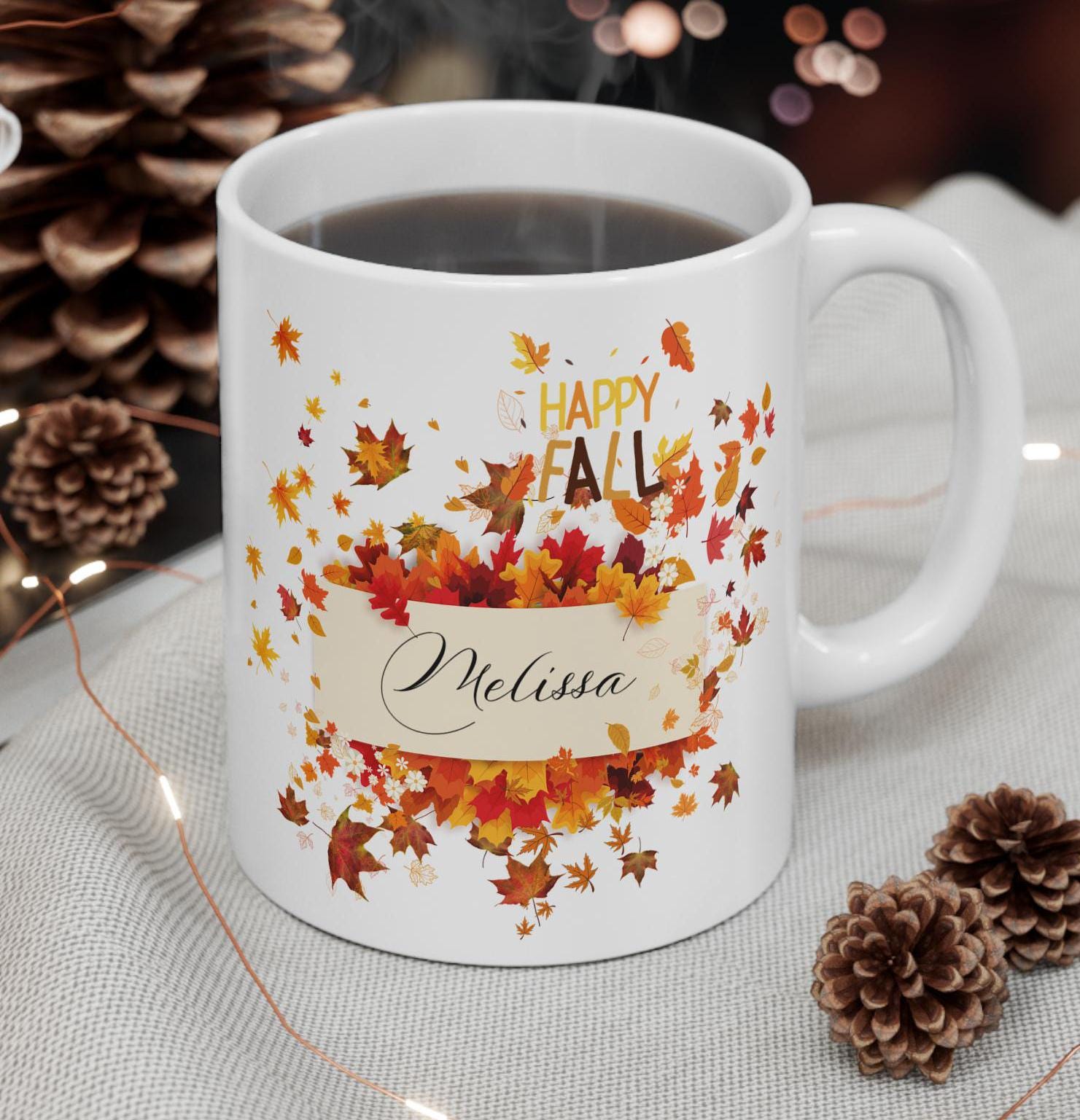 Personalized Autumn Leaf Fall Mug, Custom Name 11oz Coffee Cup for Cozy ...