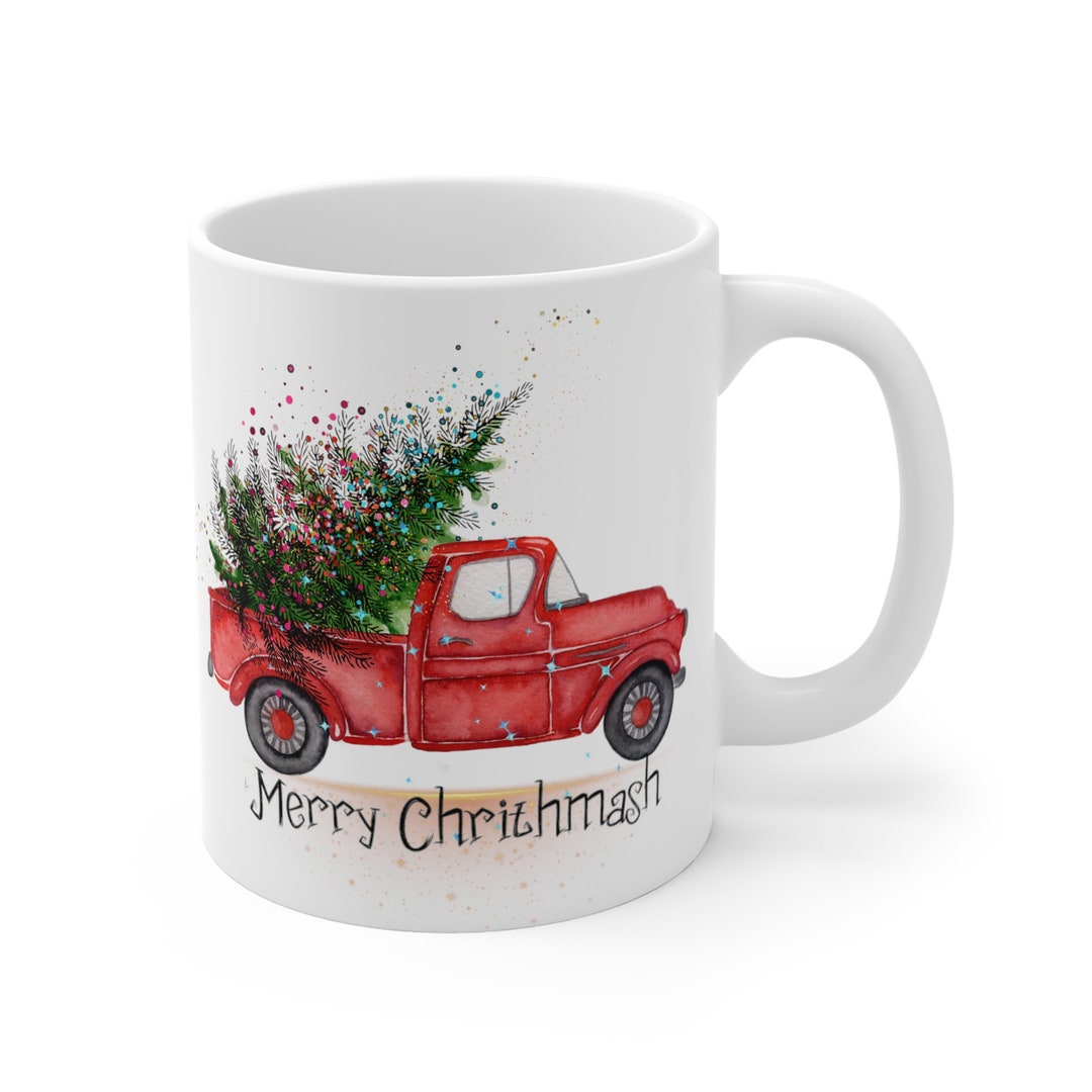 Merry Christmas Mug Funny Truck With Tree, Festive Holiday Coffee Cup ...