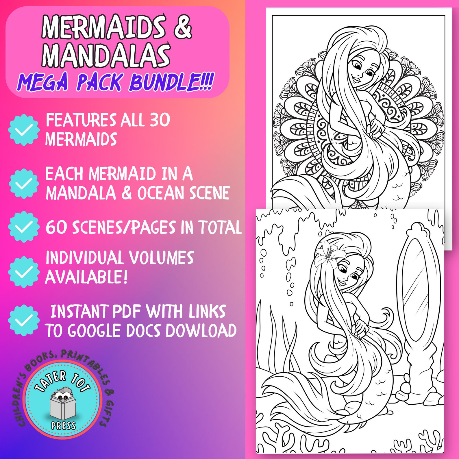 MEGA Mermaids & Mandalas Coloring Bundle-vol. 1-3instant Download Art ...