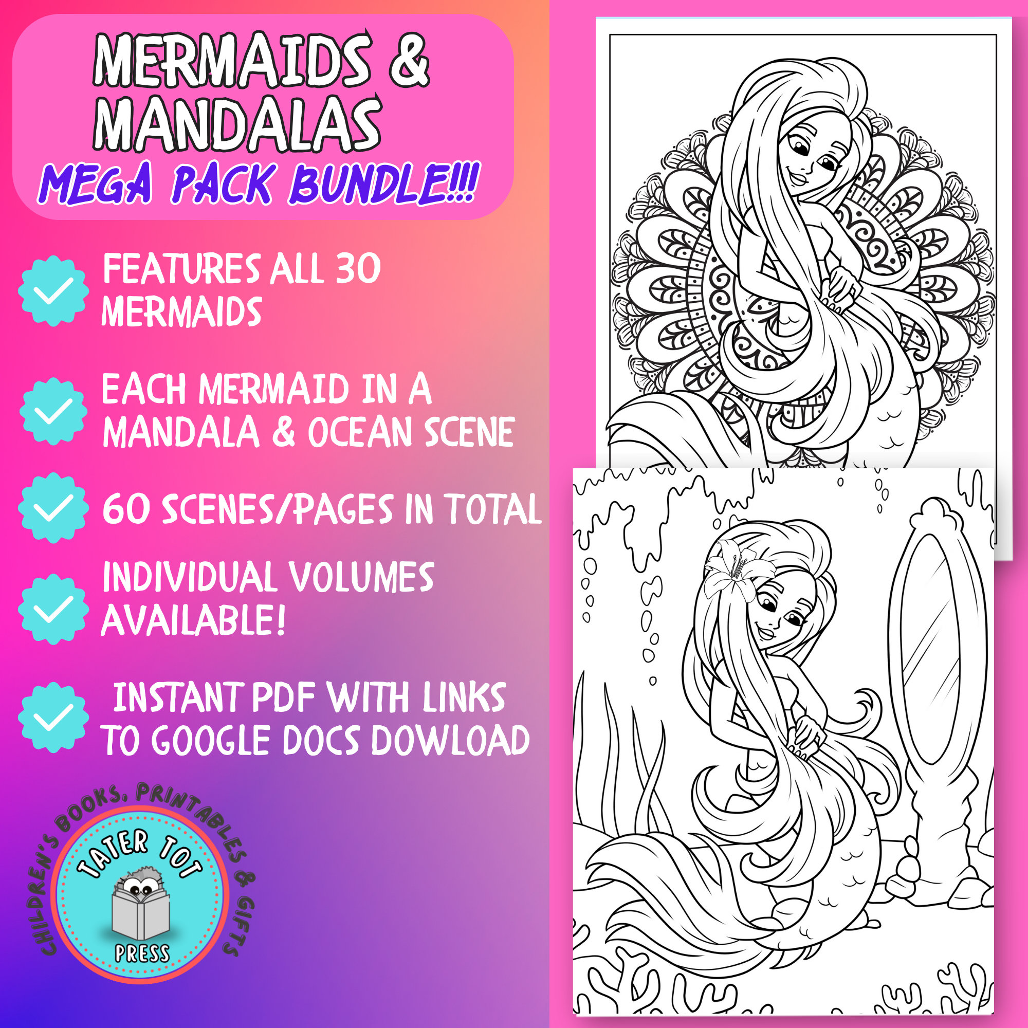 MEGA Mermaids & Mandalas Coloring Bundle-vol. 1-3instant Download Art ...