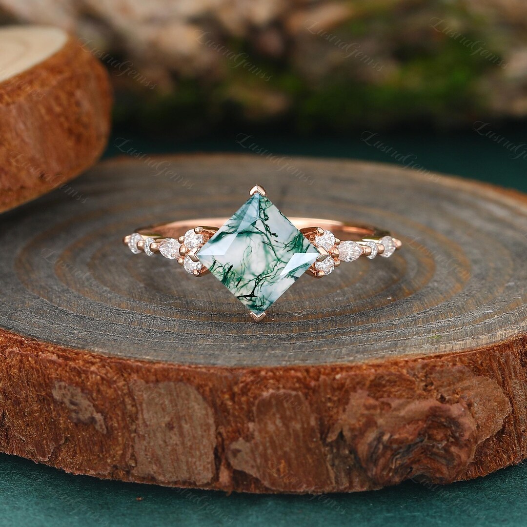 Vintage Princess Cut Moss Agate Engagement Ring Rose Gold Cluster ...