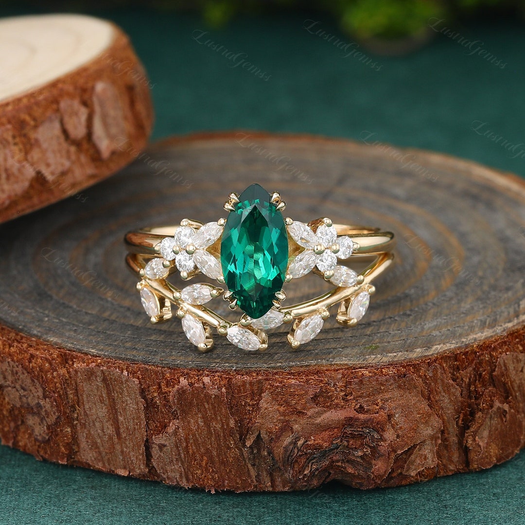 Vintage Marquise Lab Emerald Engagement Ring Set Yellow Gold Cluster ...