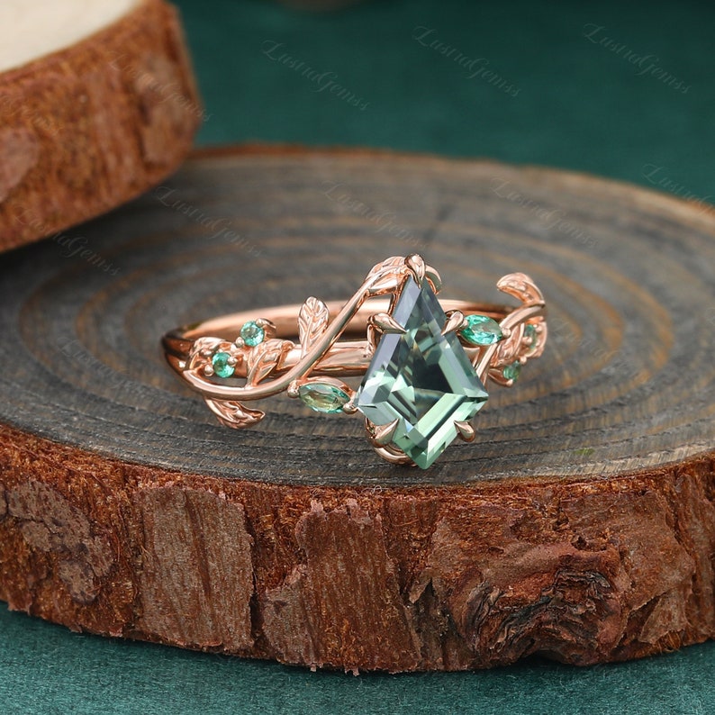 Kite Cut Green Sapphire Engagement Ring Rose Gold Marquise Emerald Marriage Ring Twist Leaf Ring ...