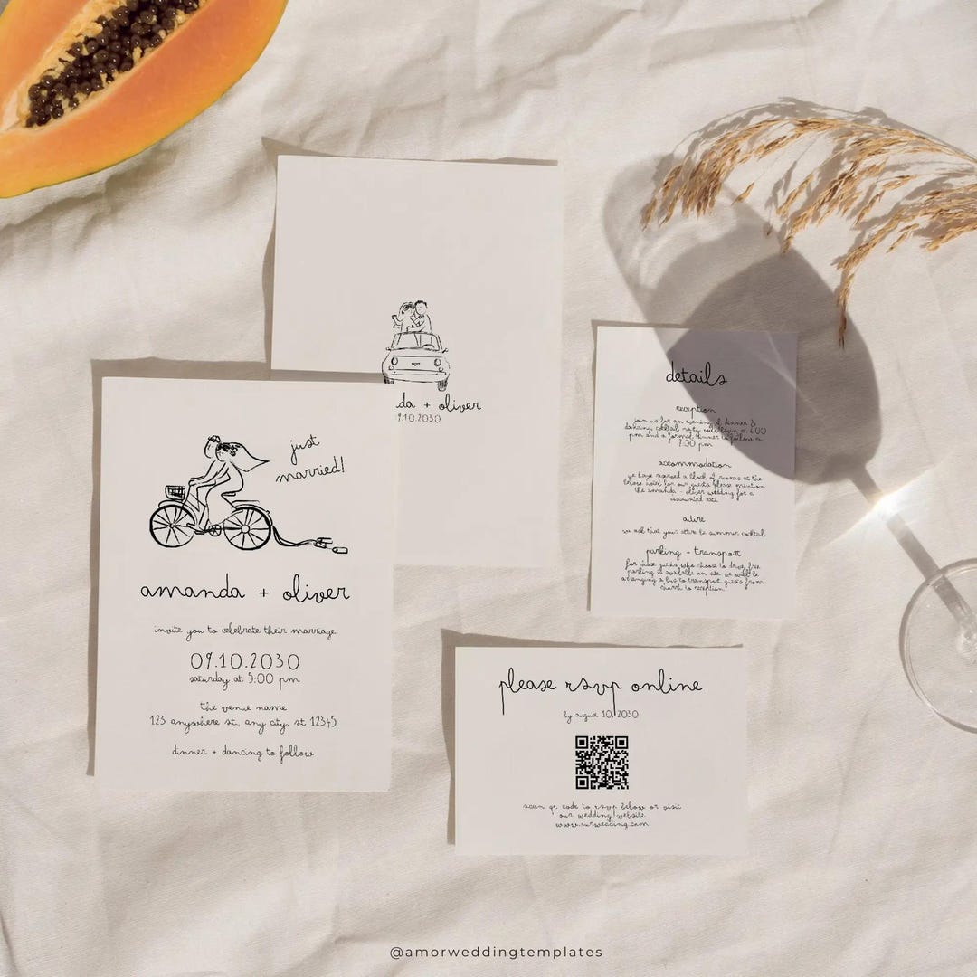 Hand-drawn and Handwritten Wedding Invitation Suite Template Editable ...