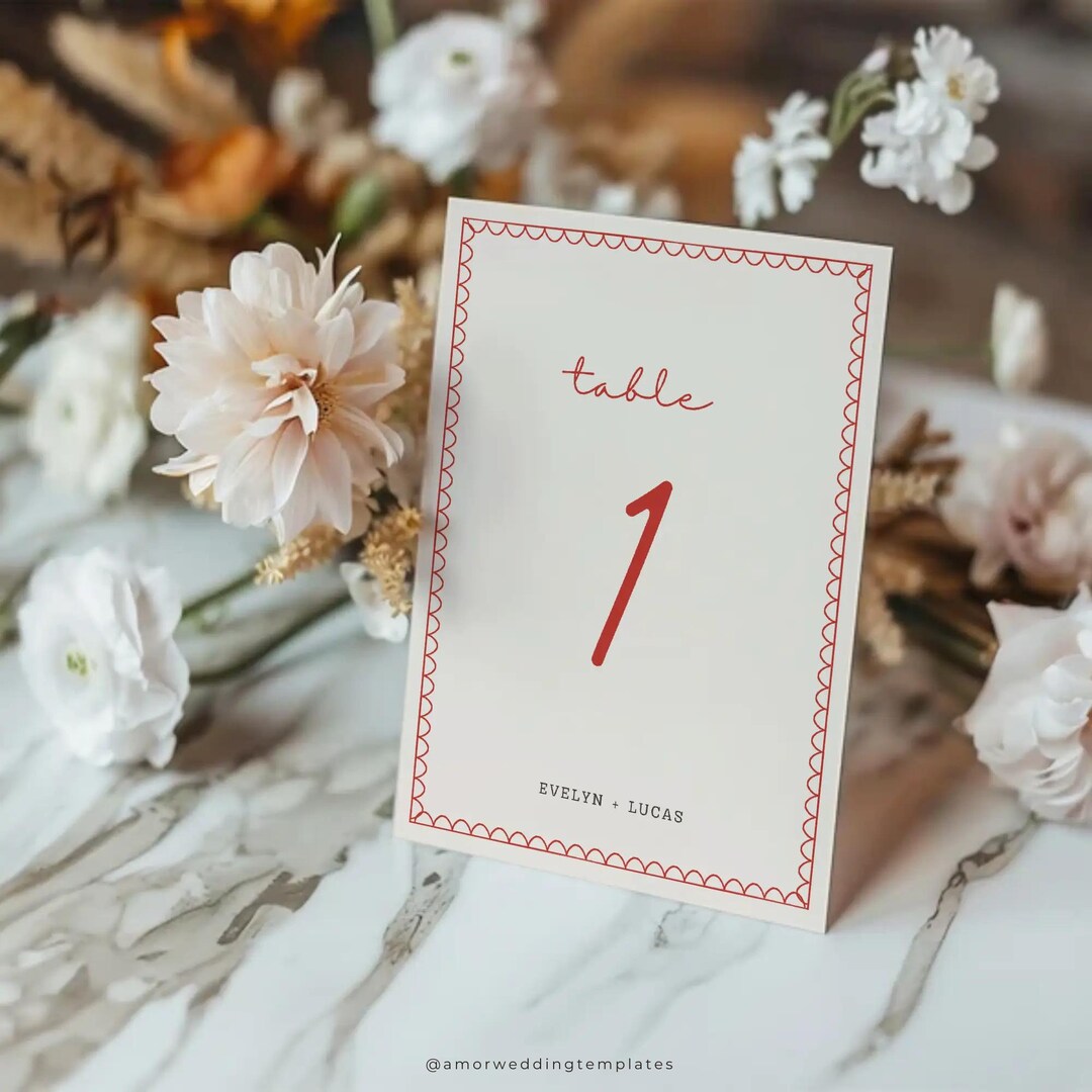 Handwritten Table Number Template Fun Wavy Border Table Number Wedding ...