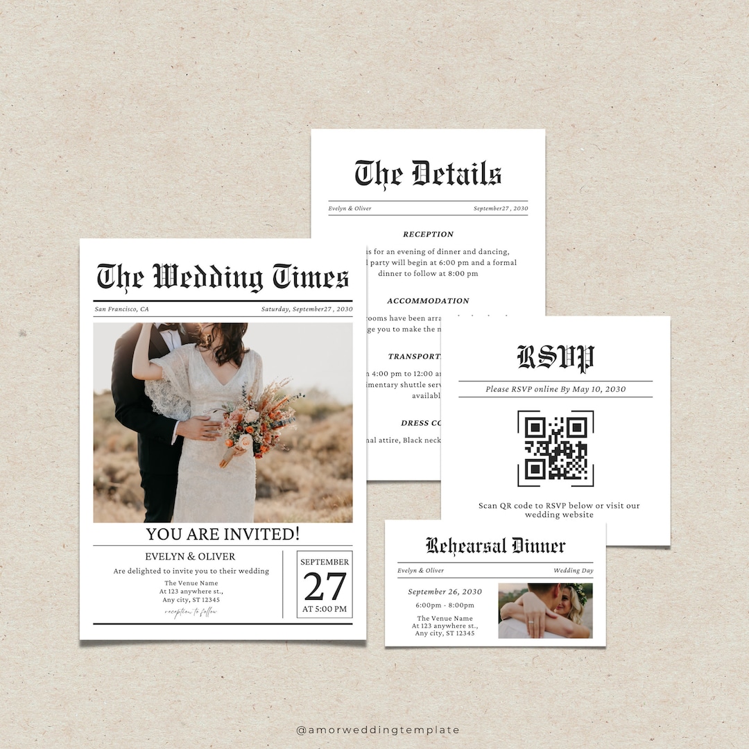 Newspaper Wedding Invitation Template: Editable Wedding Invites ...