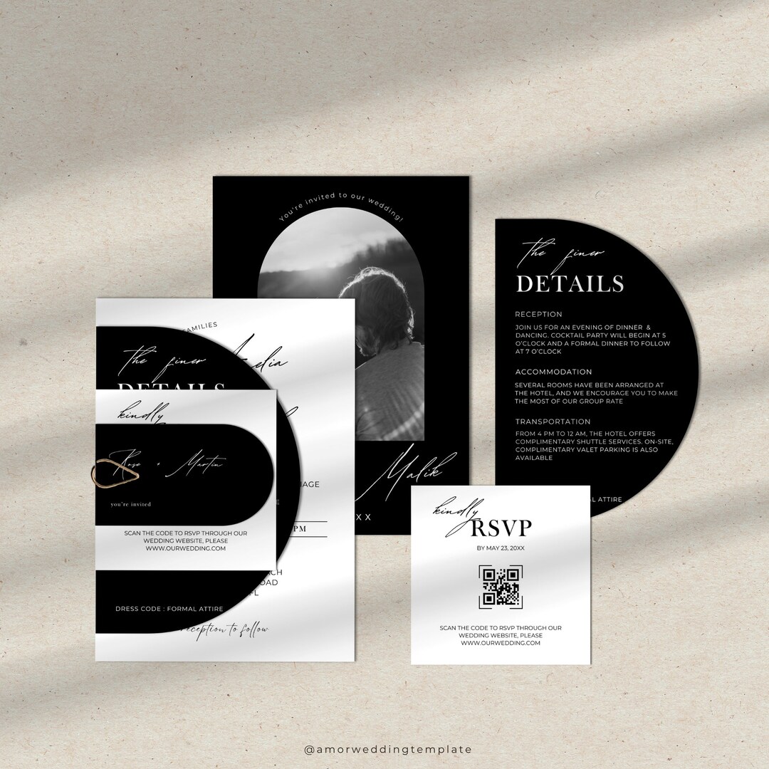 Black Wedding Invitation Template Set: Editable Photo Invite Suite - Etsy