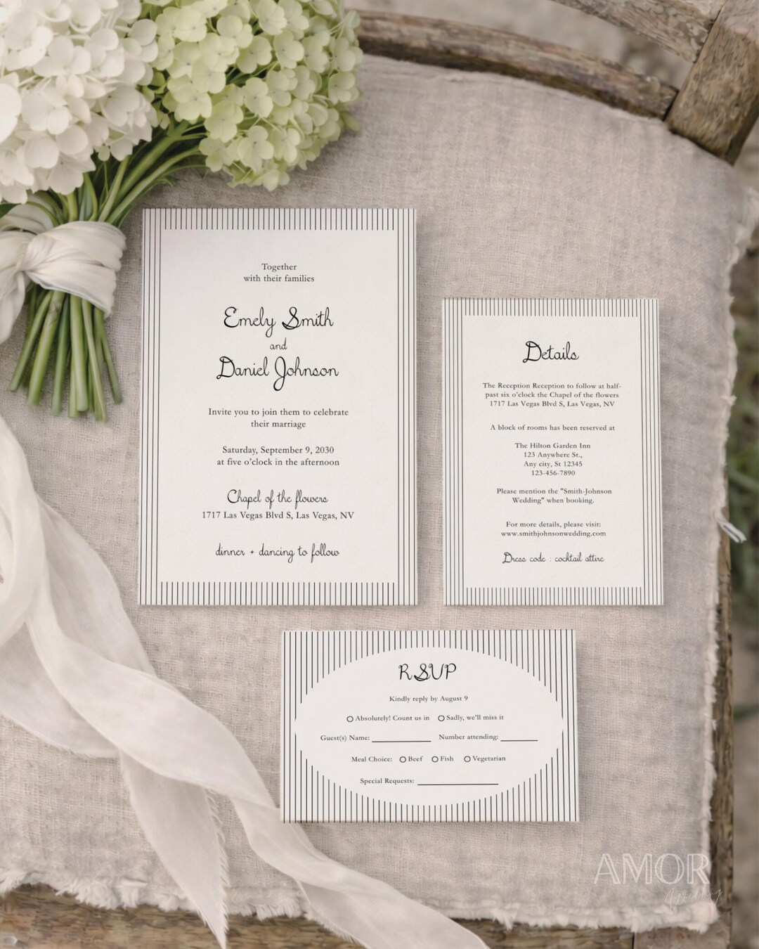 Black and White Stripe Wedding Invitation Suite Template, Editable ...