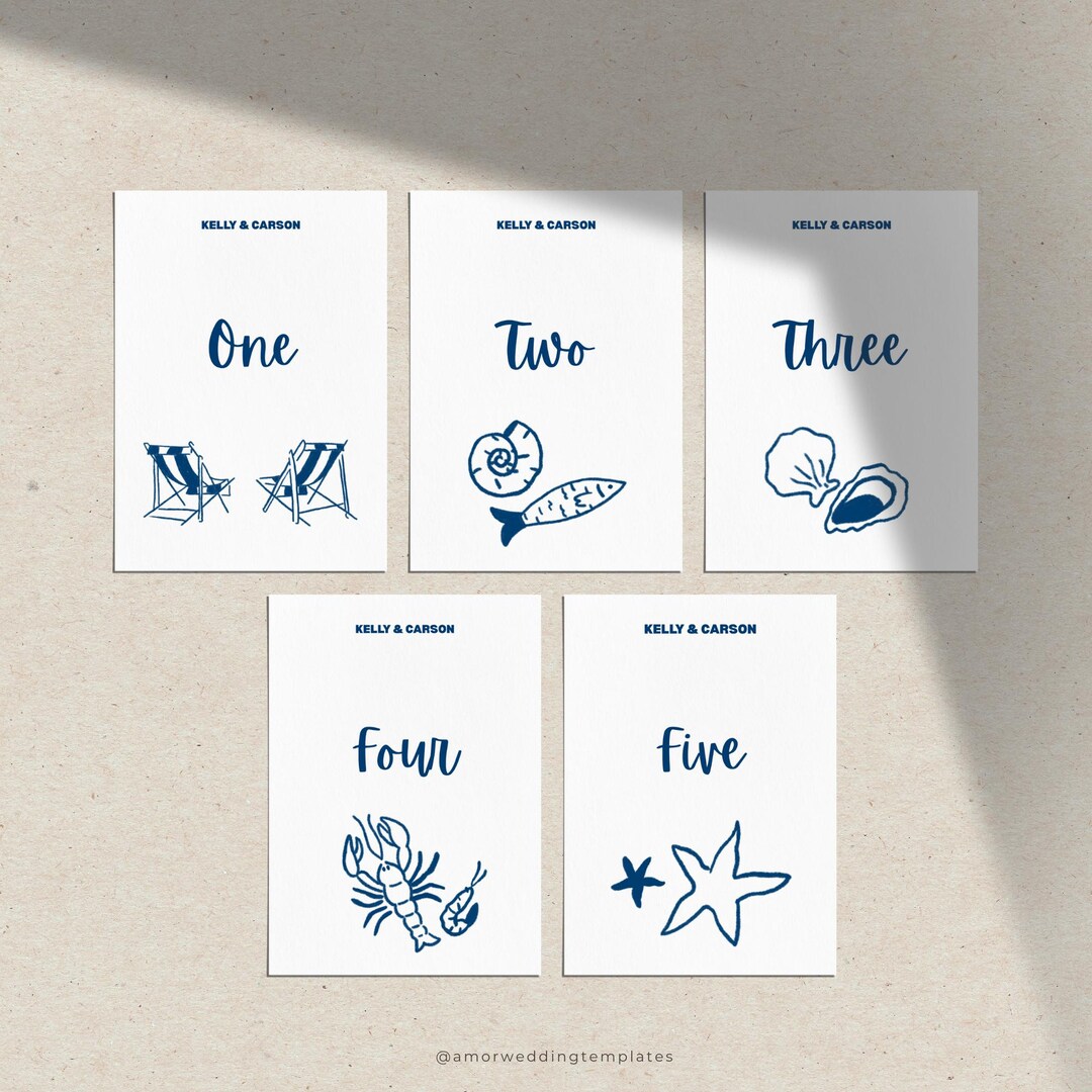 Beach Table Numbers Template Hand Drawn Coastal Table Numbers for ...