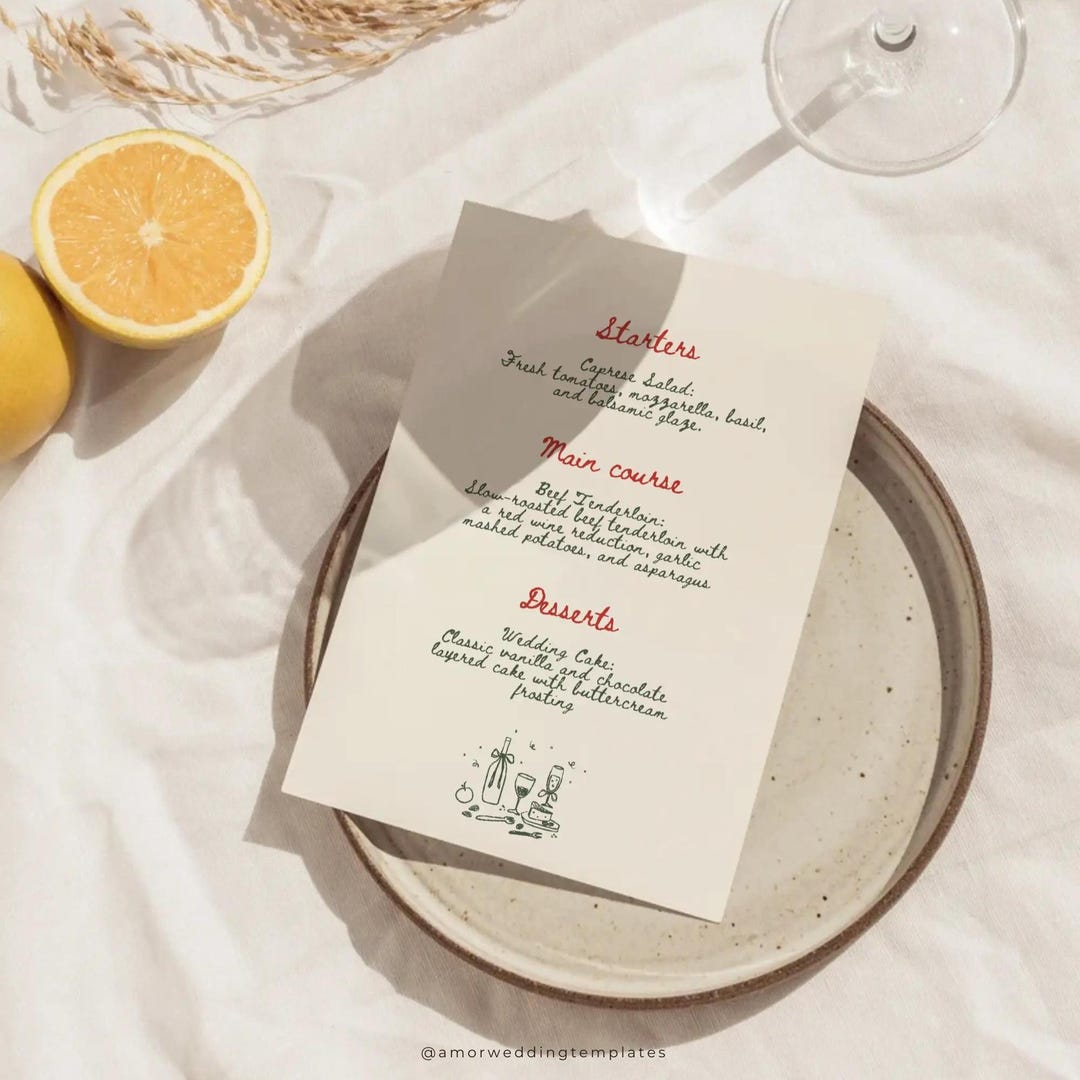 Hand Drawn Wedding Menu Template Simple Reception Menu Cards ...