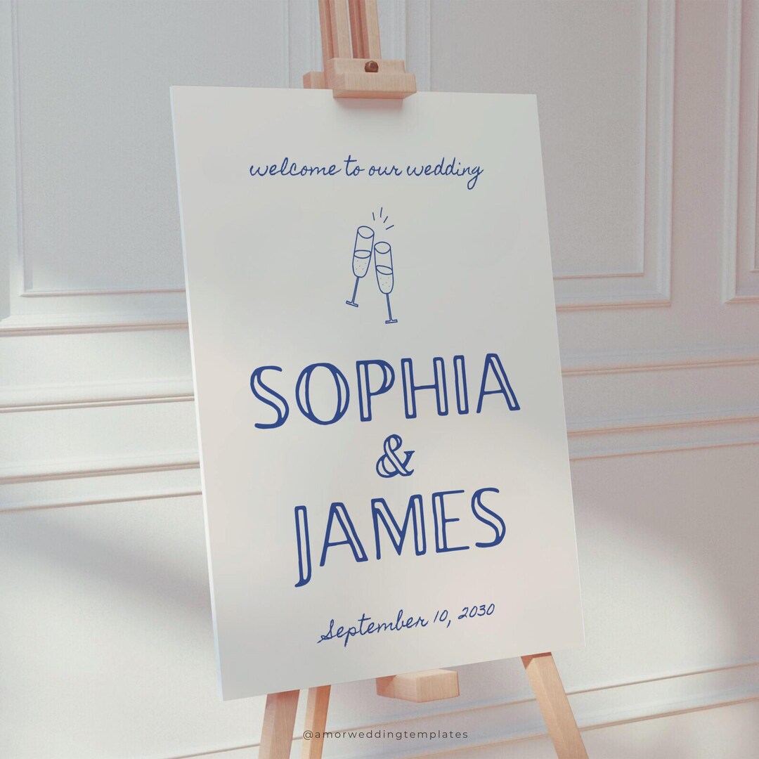 Blue Wedding Welcome Sign Template: Modern Hand-drawn Design (digital ...