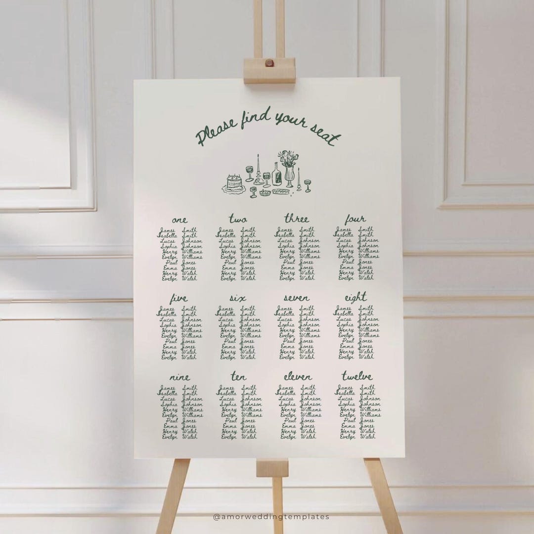 Hand Drawn Wedding Seating Chart Template Modern Find Your Seat Wedding ...