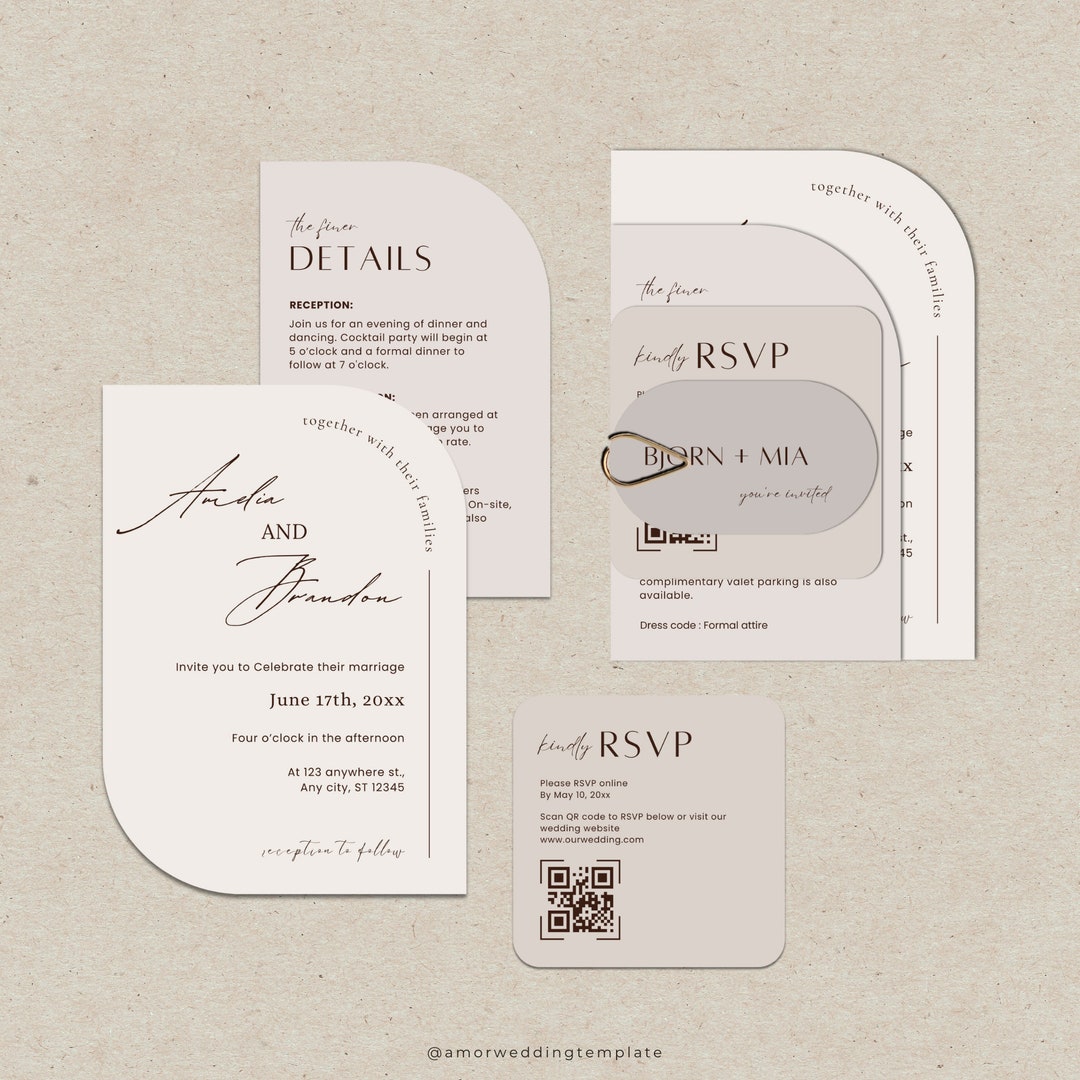 Arch Wedding Invitation Template Set, Place Card, Minimal Invitation ...
