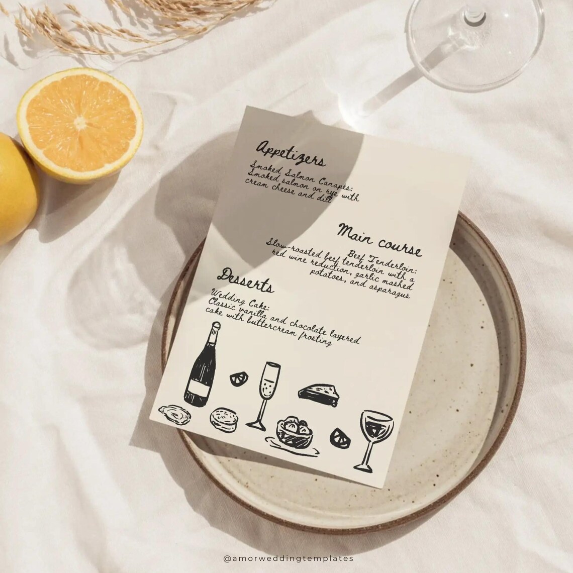 Hand-drawn Wedding Menu Template Simple Reception Menu Cards ...