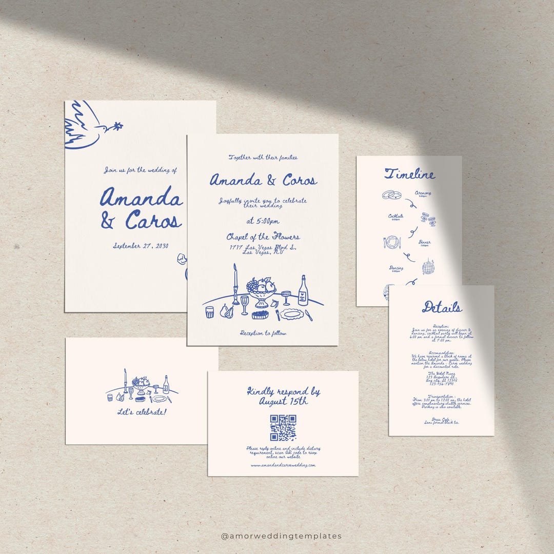 Hand Drawn Wedding Invitation Suite With RSVP, Modern Illustrated ...