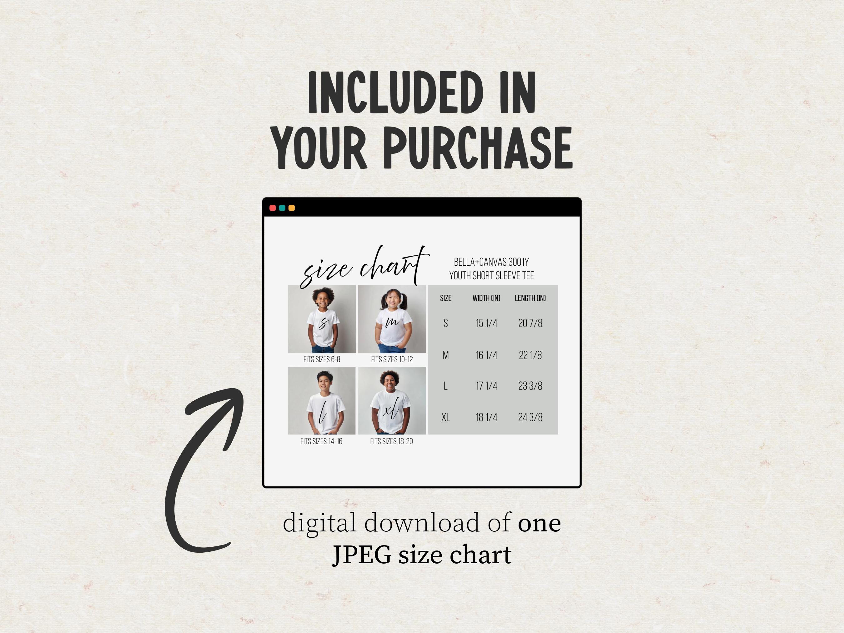 Bella + Canvas 3001Y Size Chart | Sizing Guide for Youth T-shirts ...