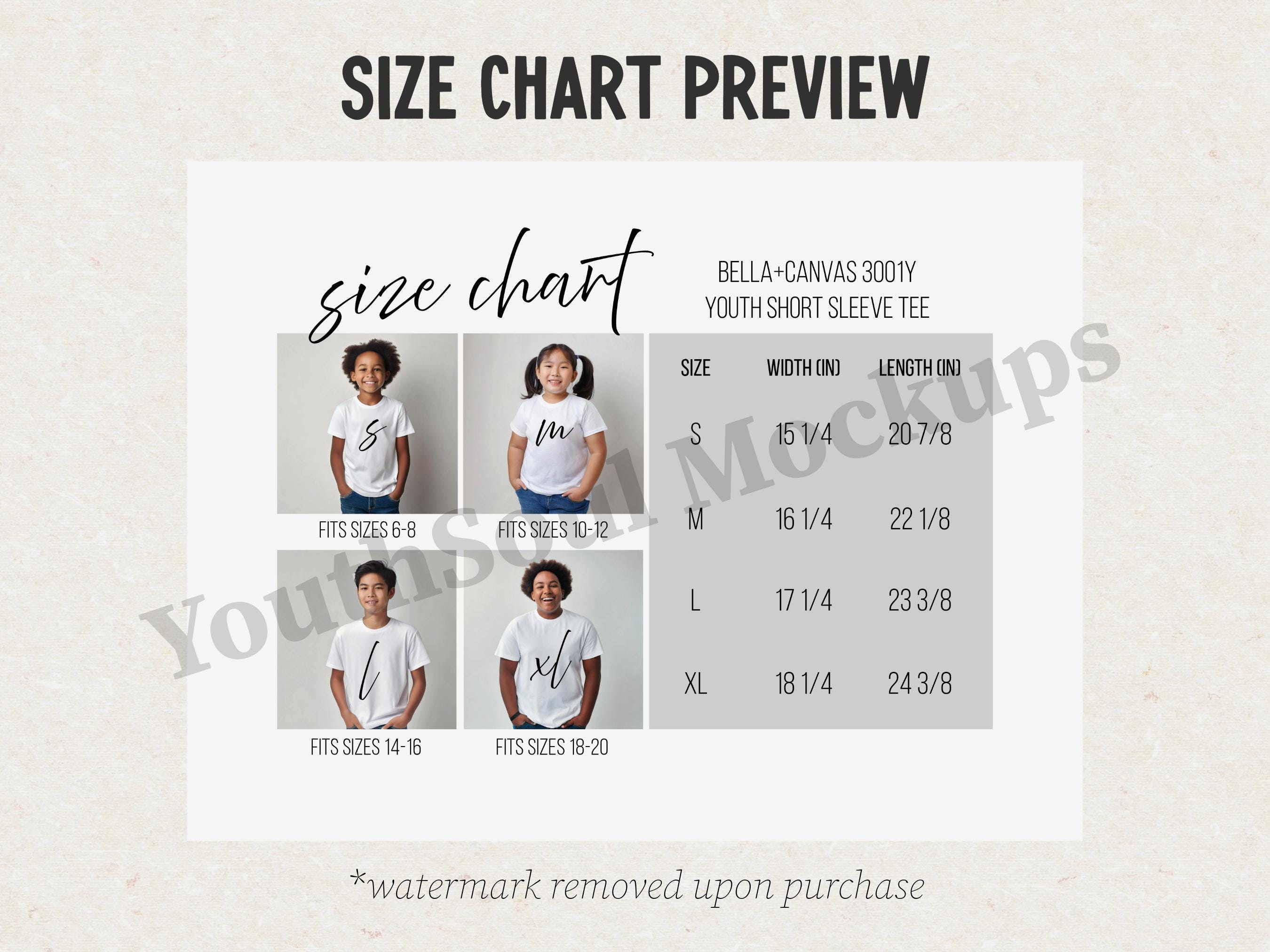 Bella + Canvas 3001Y Size Chart | Sizing Guide for Youth T-shirts ...