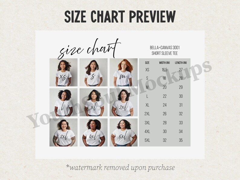 Bella Canvas 3001 Size Chart BC3001 Sizing Guide Plus Size Inclusive ...