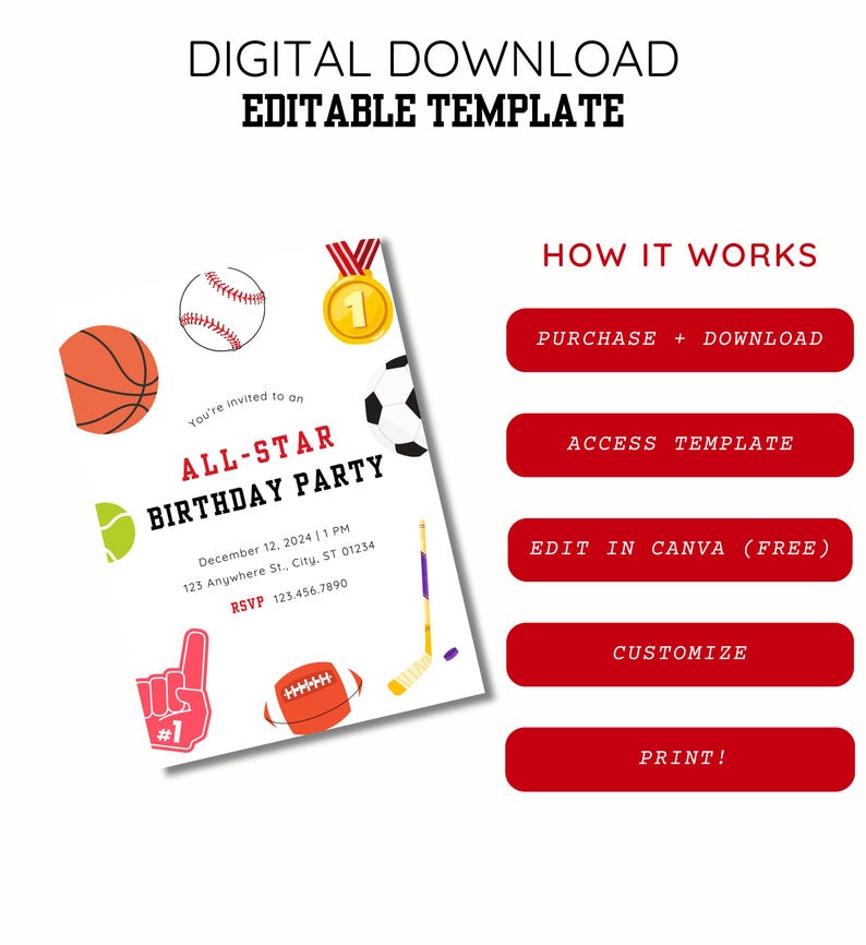 Kids Sports All-star Birthday Invitation Template, Football, Soccer ...