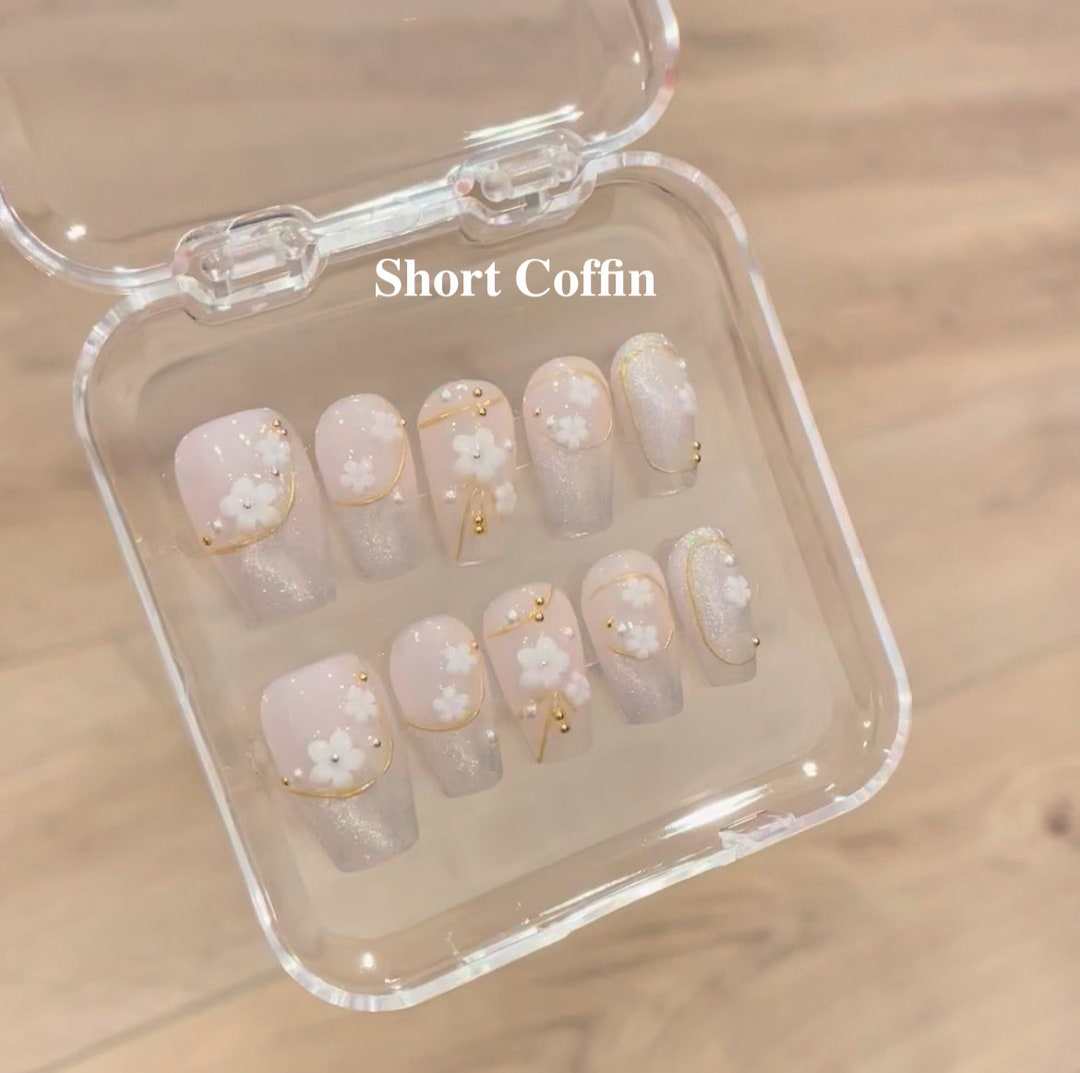 Coffin Nails Flowers Nails Kawaii Cat Eye Nails Cherry Blossom Nails - Etsy