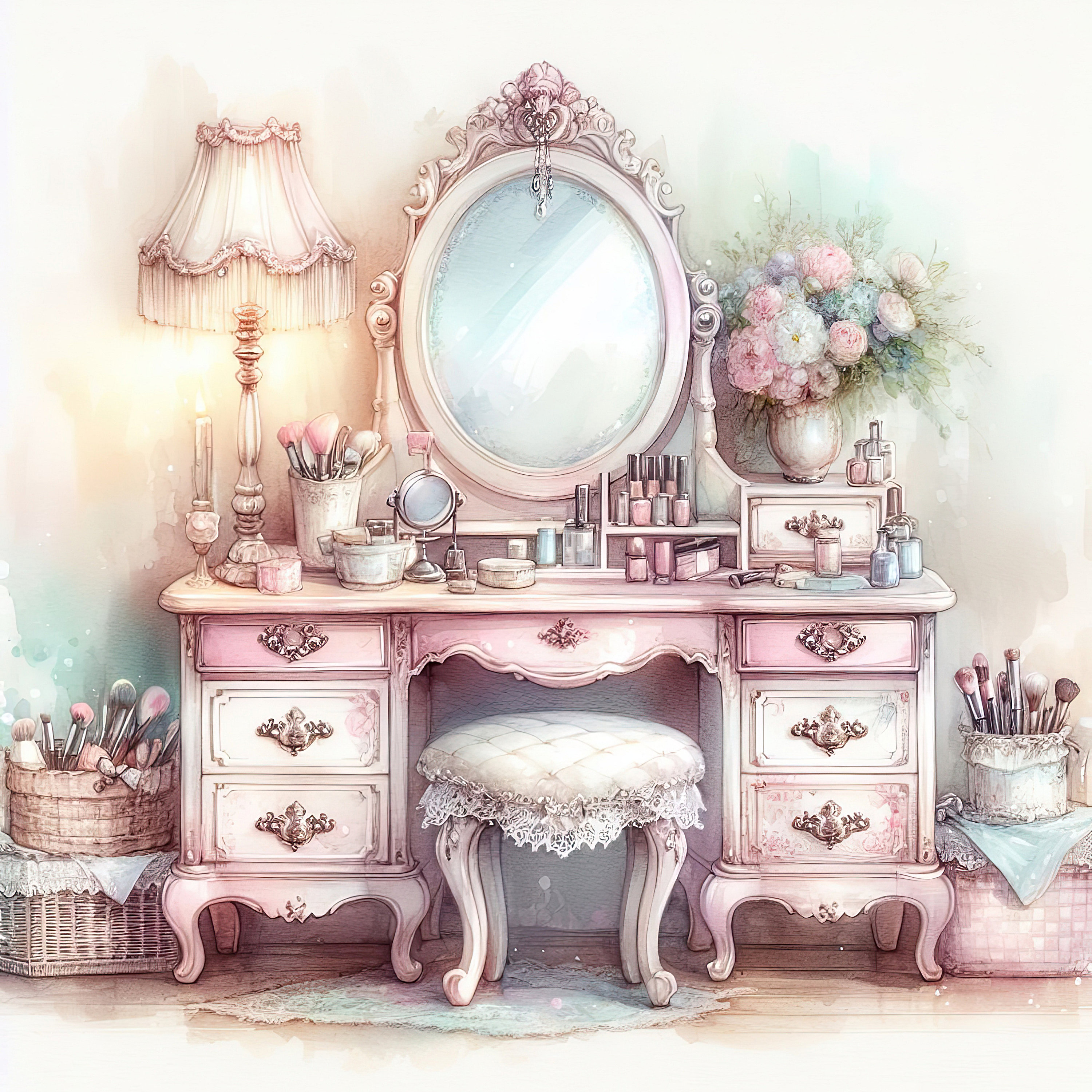 Watercolor Shabby Chic Vanity Dressing Table Clipart Vintage Clip Art ...