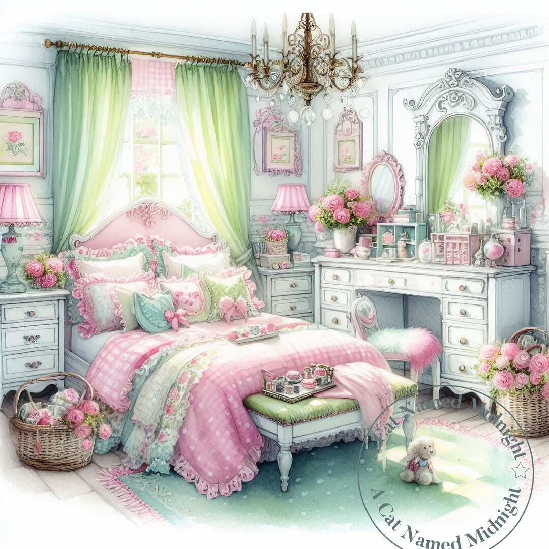 Pink Shabby Chic Bedroom Clipart Girl s Room 5 Jpgs Clip Art Watercolor Clipart Bundle Digital Download Printable Wall Art Cottagecore Etsy